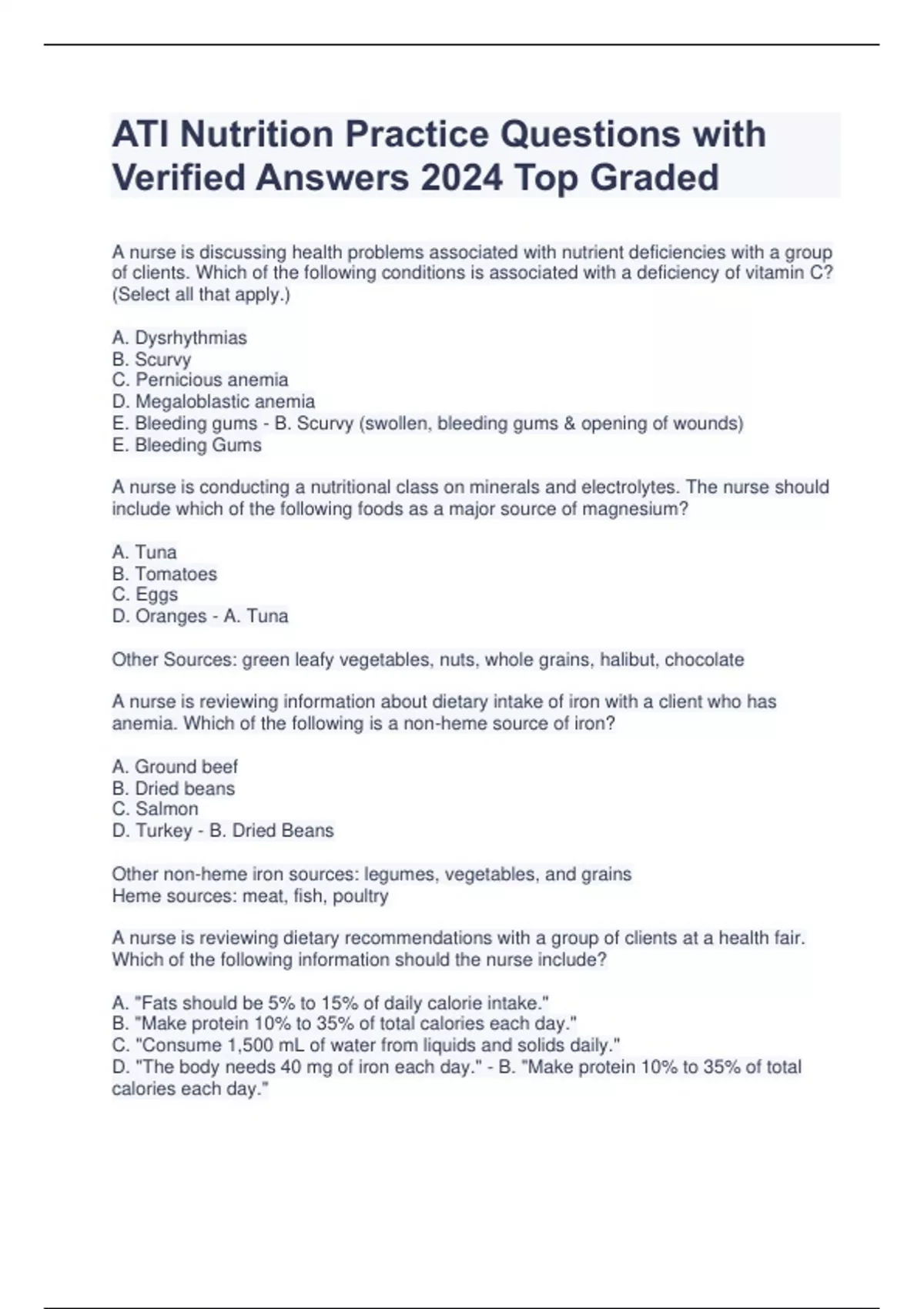 ATI Nutrition Practice Questions with Verified Answers 2024 Top Graded ...