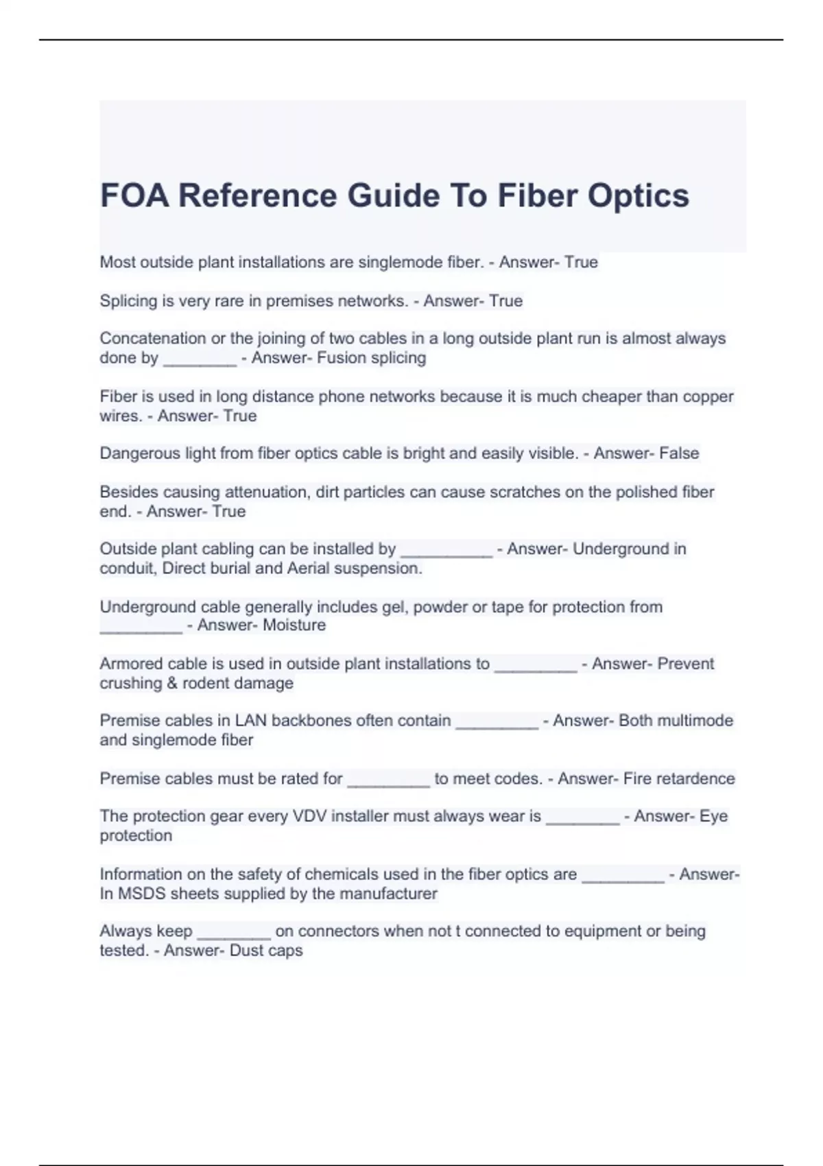 FOA Reference Guide To Fiber Optics Questions with correct Answers ...