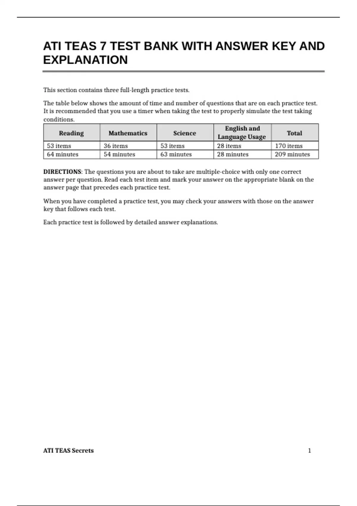 ATI TEAS 7 TEST BANK WITH ANSWER KEY AND EXPLANATION - ATI TEAS 7 WITH ...