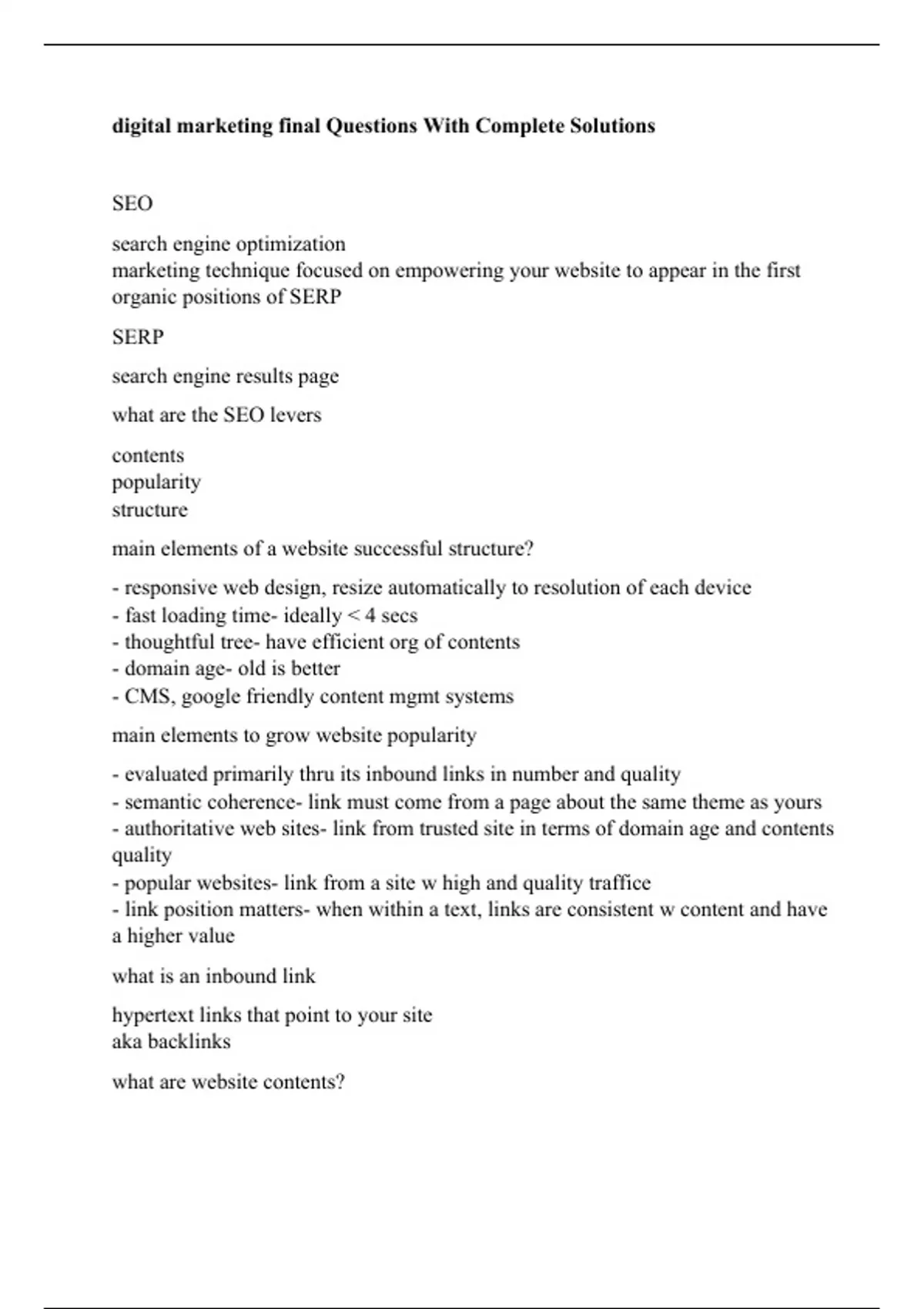 digital marketing final Questions With Complete Solutions - Digital - Stuvia US