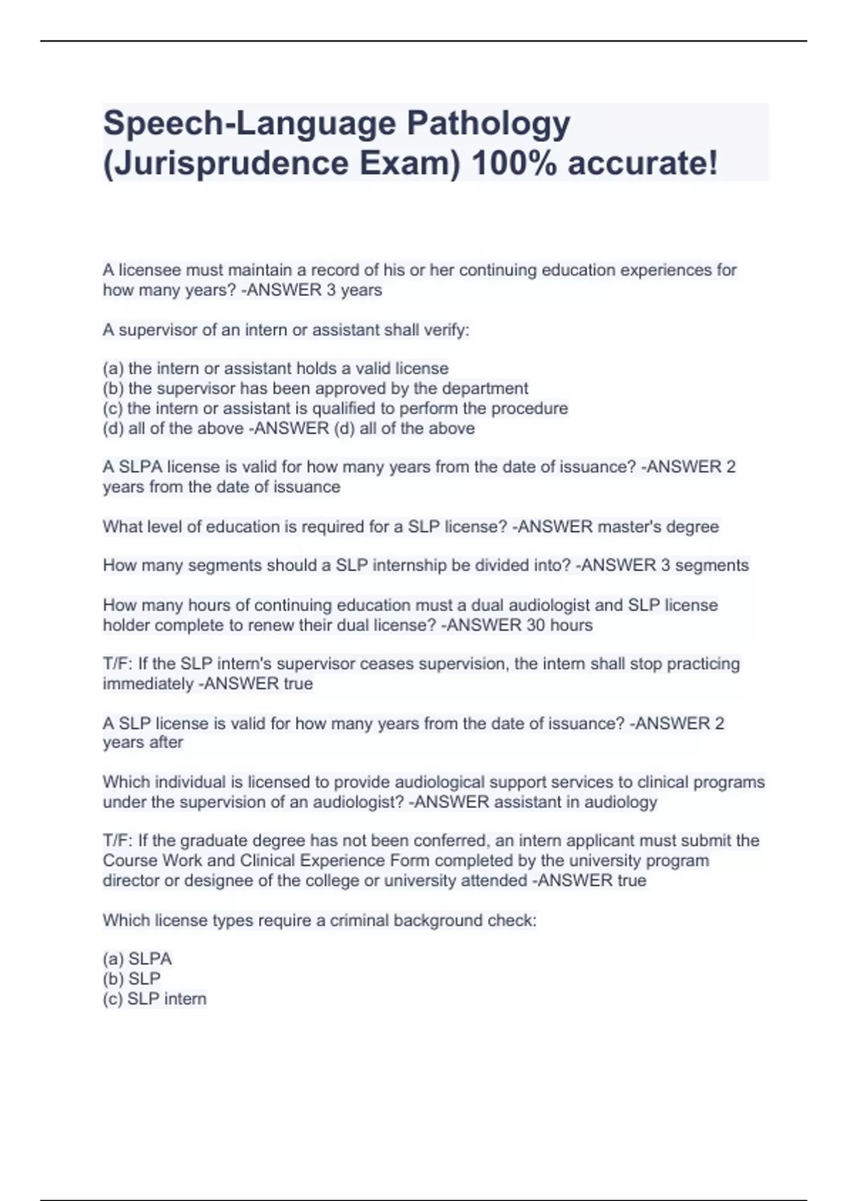 Speech-Language Pathology (Jurisprudence Exam) 100% accurate! - Speech ...