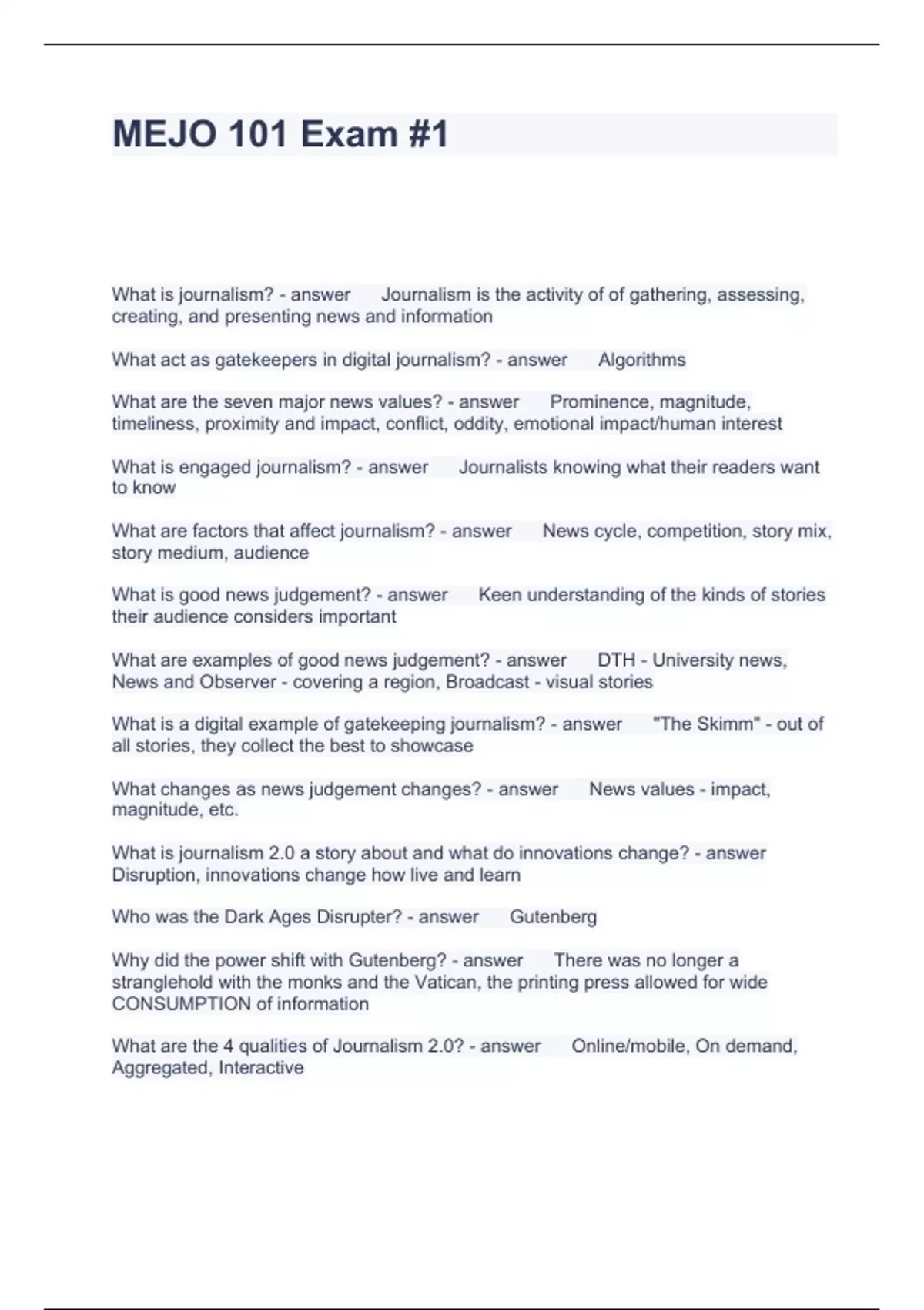 MEJO 101 Exam #1 Questions with complete solutions - MEJO - Stuvia US