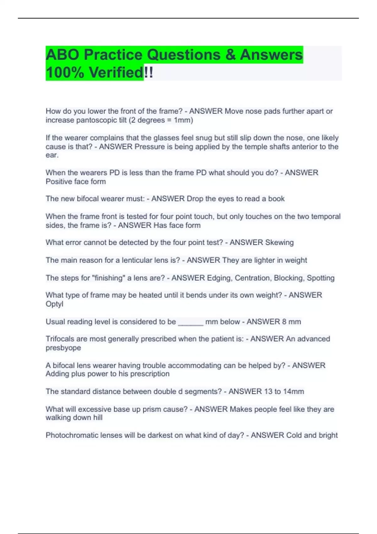 ABO Practice Questions & Answers 100% Verified!! - ABO - Stuvia US