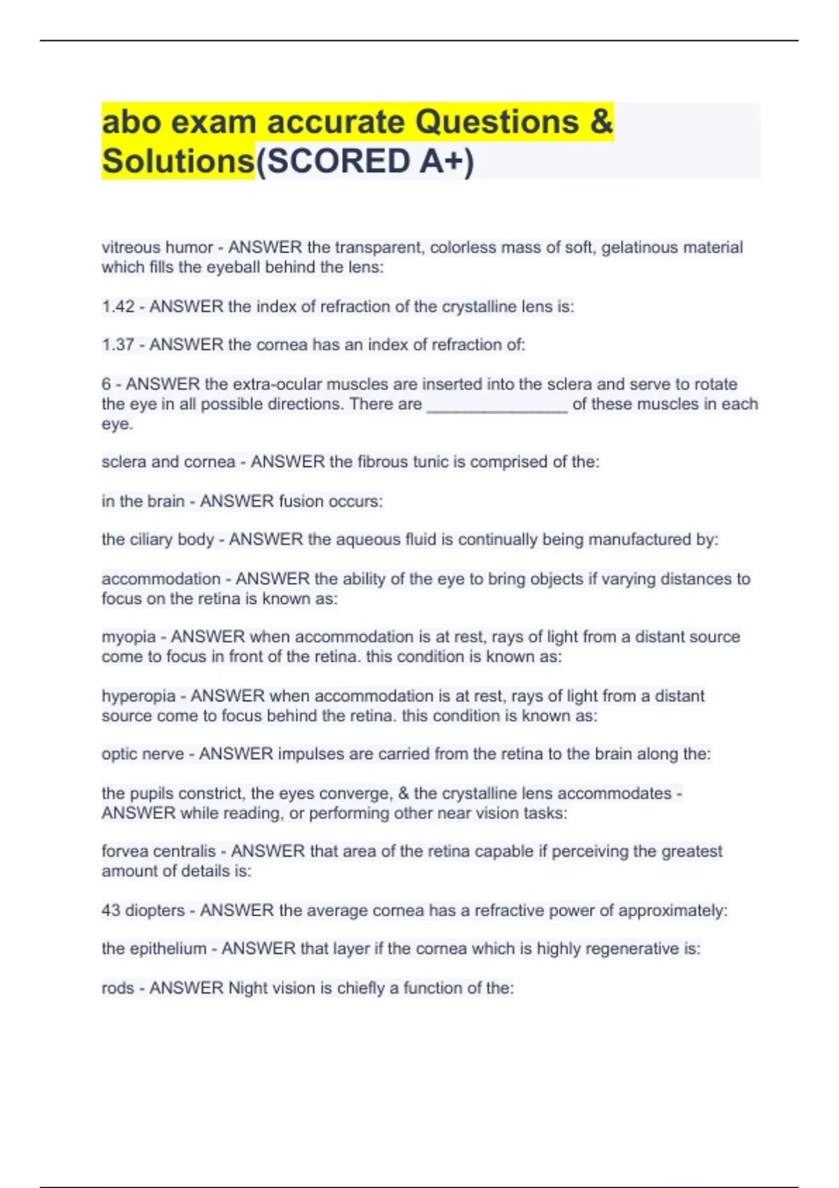 abo exam accurate Questions & Solutions(SCORED A+) - Abo - Stuvia US