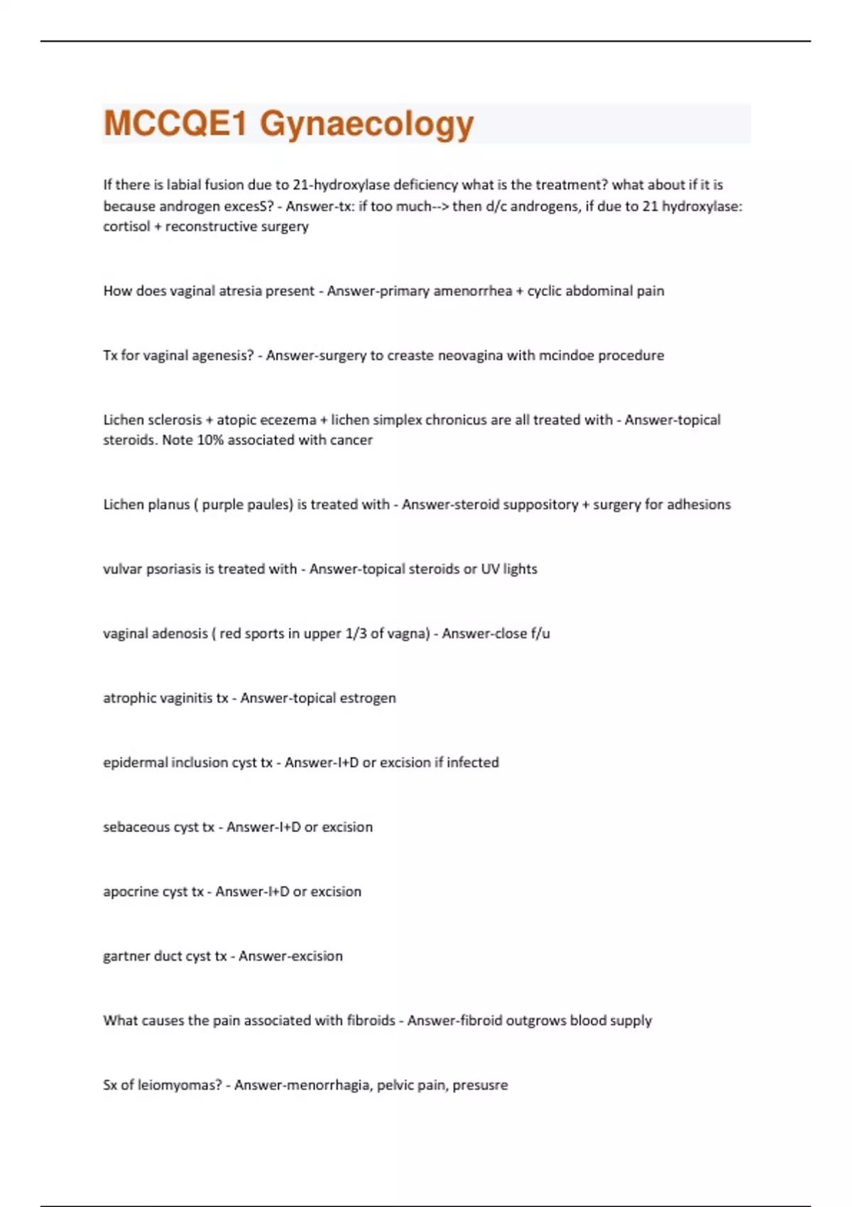MCCQE1 Gynaecology Questions and Answers(A+ Solution guide) - MCCQE1 ...