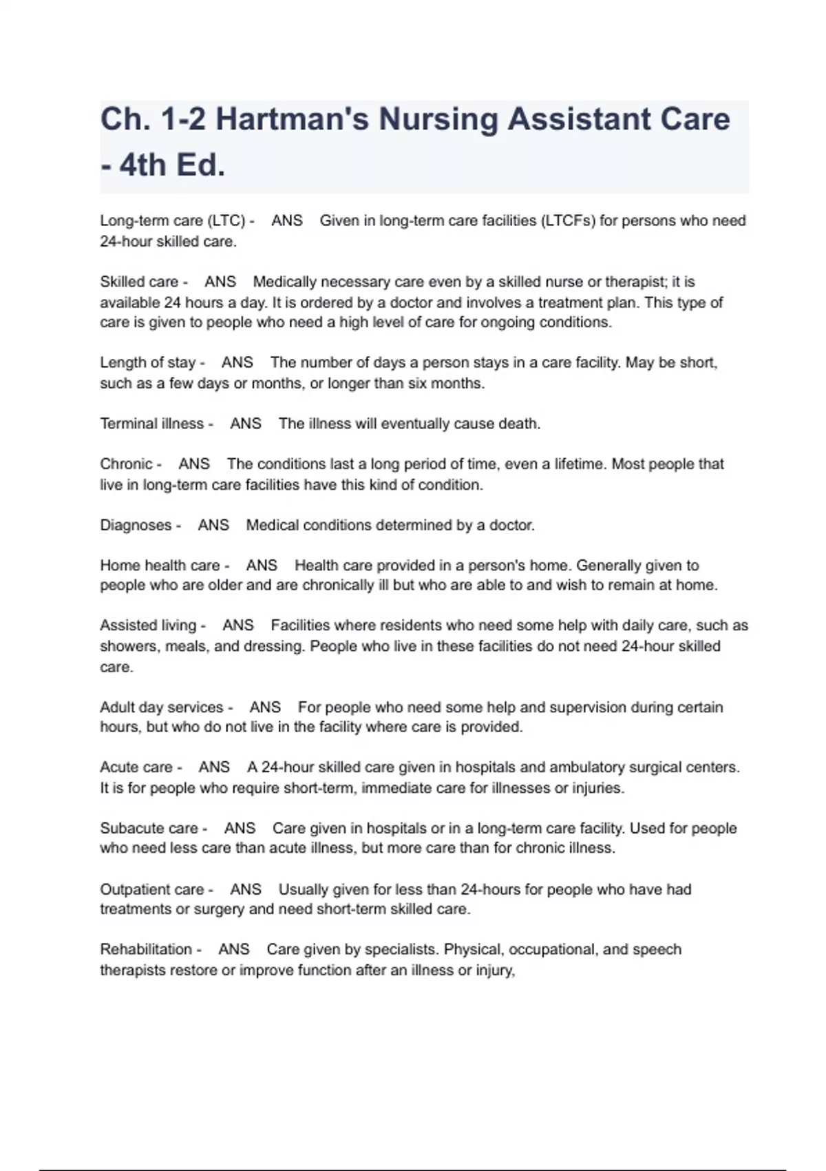 1 to 8Workbook [Hartmann Nursing Assistant Care The Basics(4th Edition ...