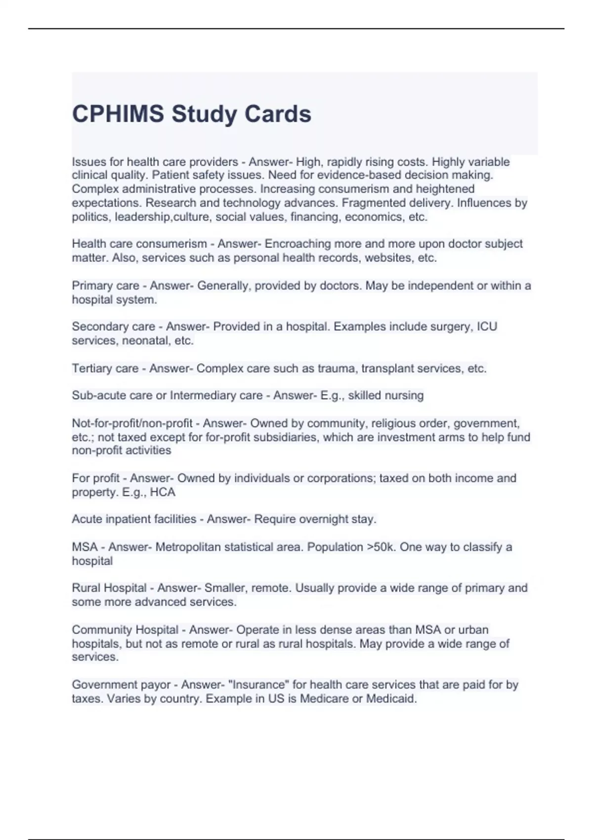 CPHIMS Study Cards Questions and Answers 100% correct - CPHIMS - Stuvia US