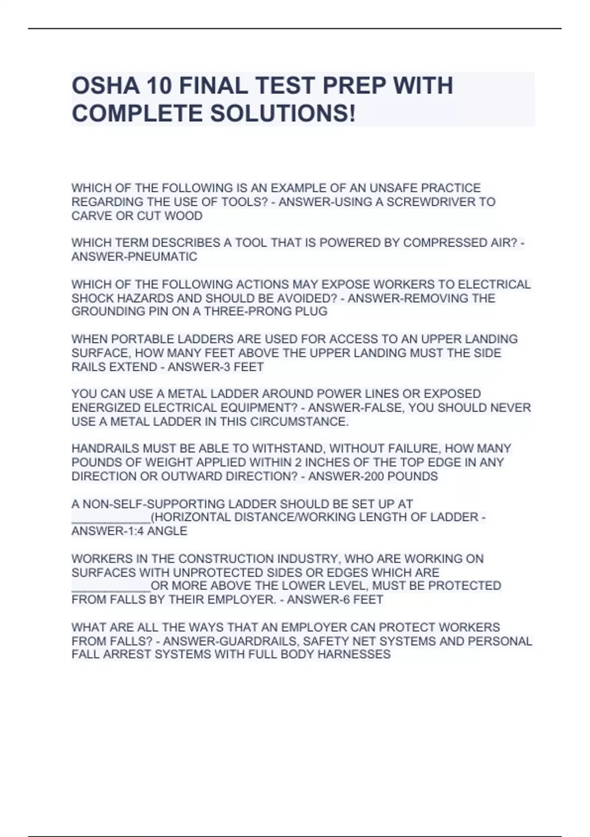 OSHA 10 FINAL TEST PREP WITH COMPLETE SOLUTIONS! - OSHA 10 - Stuvia US