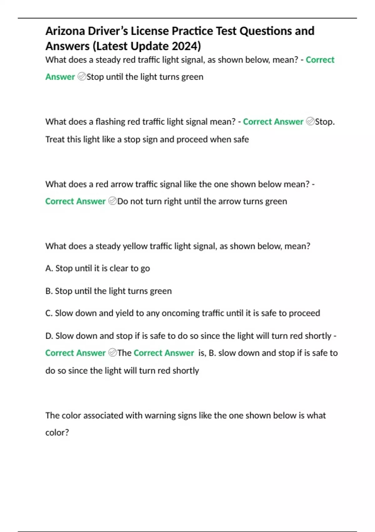 Arizona Driver’s License Practice Test Questions and Answers (Latest ...