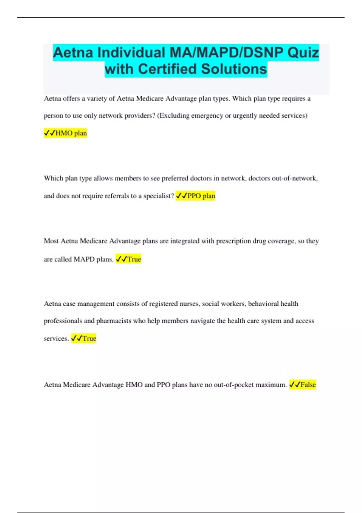 Aetna Individual MA/MAPD/DSNP Quiz with Certified Solutions - Aetna ...