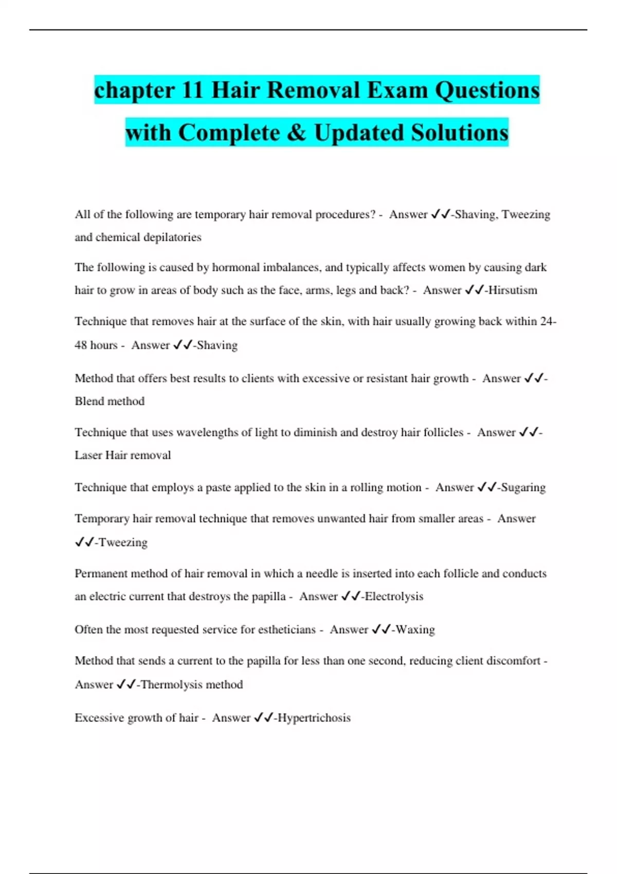 chapter 11 Hair Removal Exam Questions with Complete & Updated ...