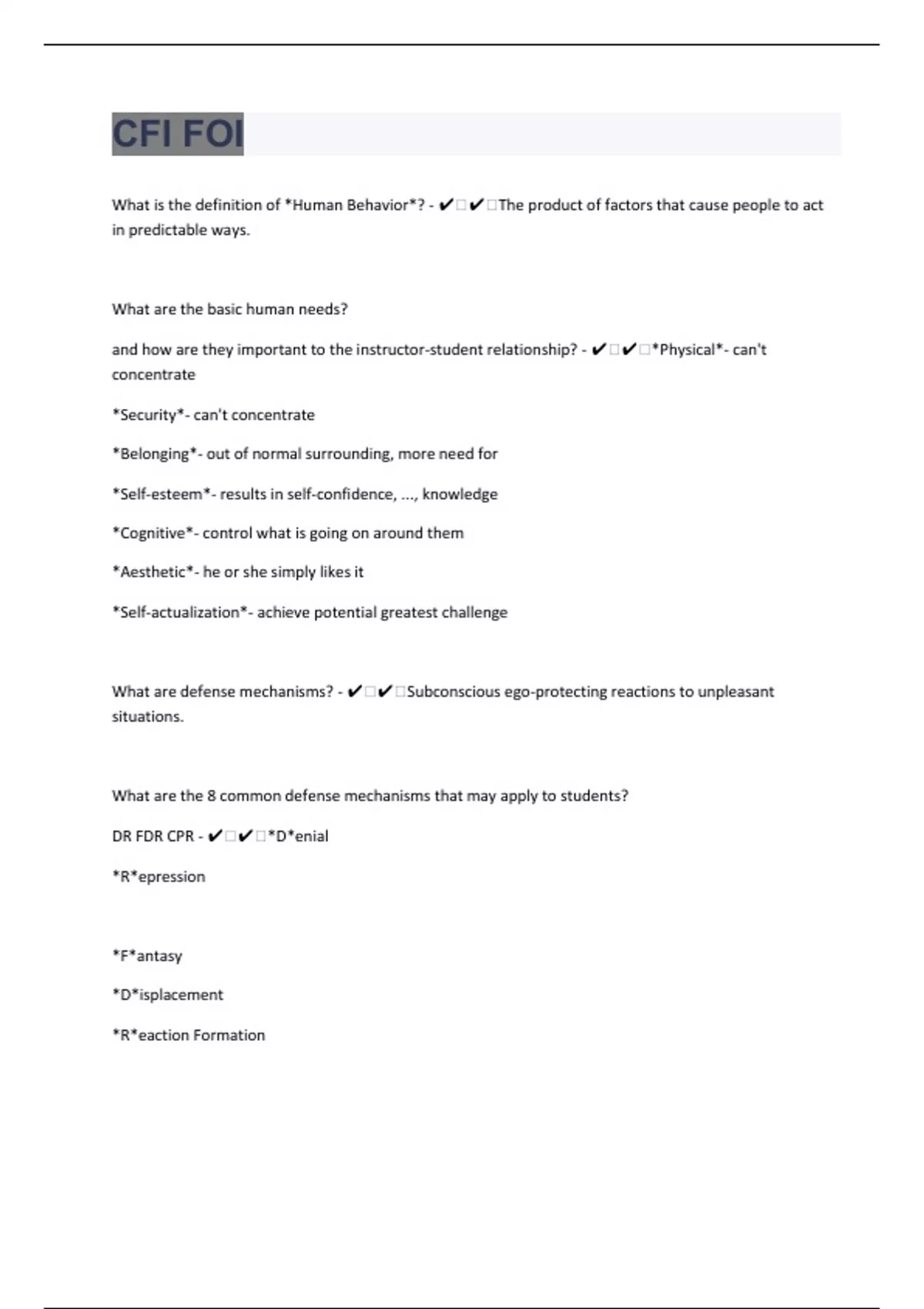 CFI FOI|89 Questions with 100% Correct Answers | Verified | Updated 2024 - CFI FOI - Stuvia US