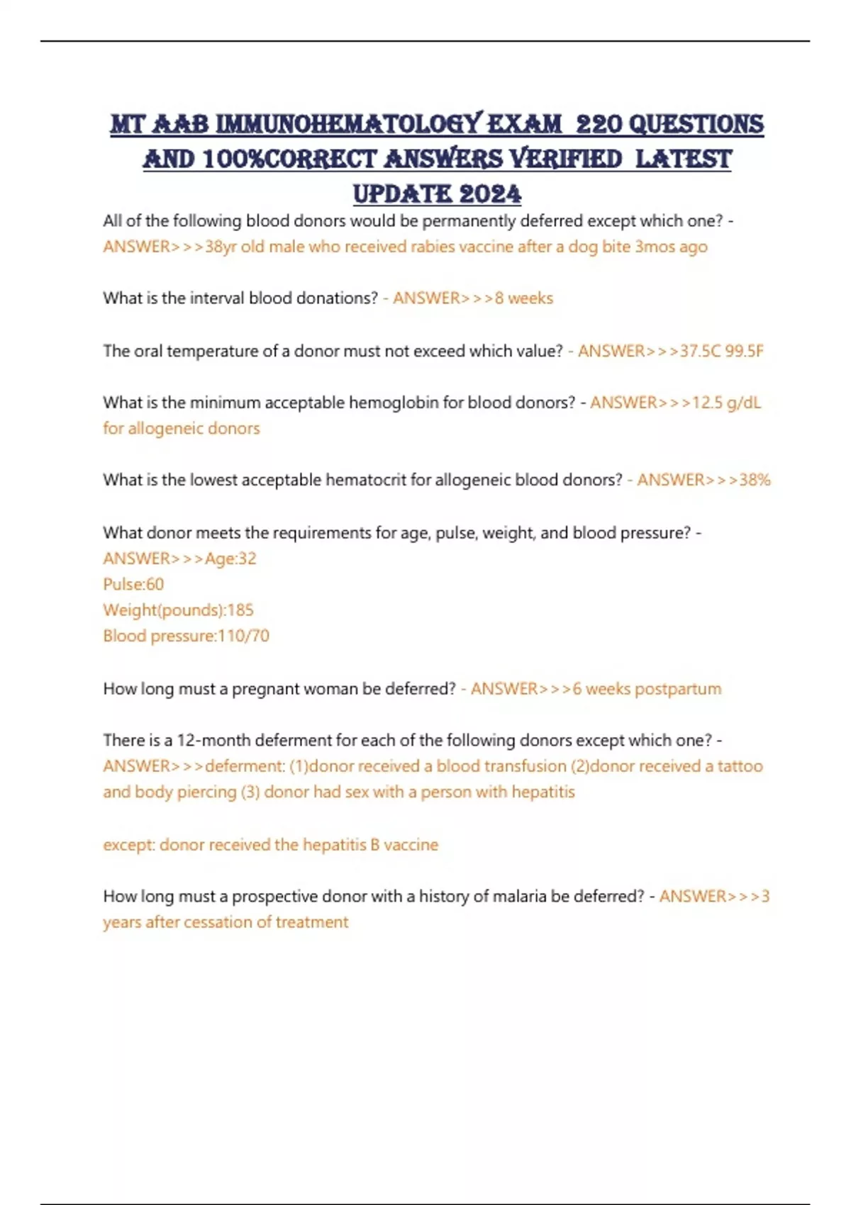 MT AAB Immunohematology Exam 220 Questions and 100%Correct Answers ...