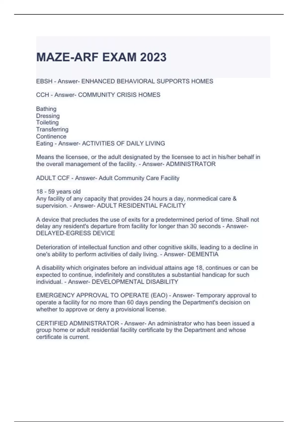 MAZE-ARF EXAM QUESTIONS AND ANSWERS - ARF - Stuvia US