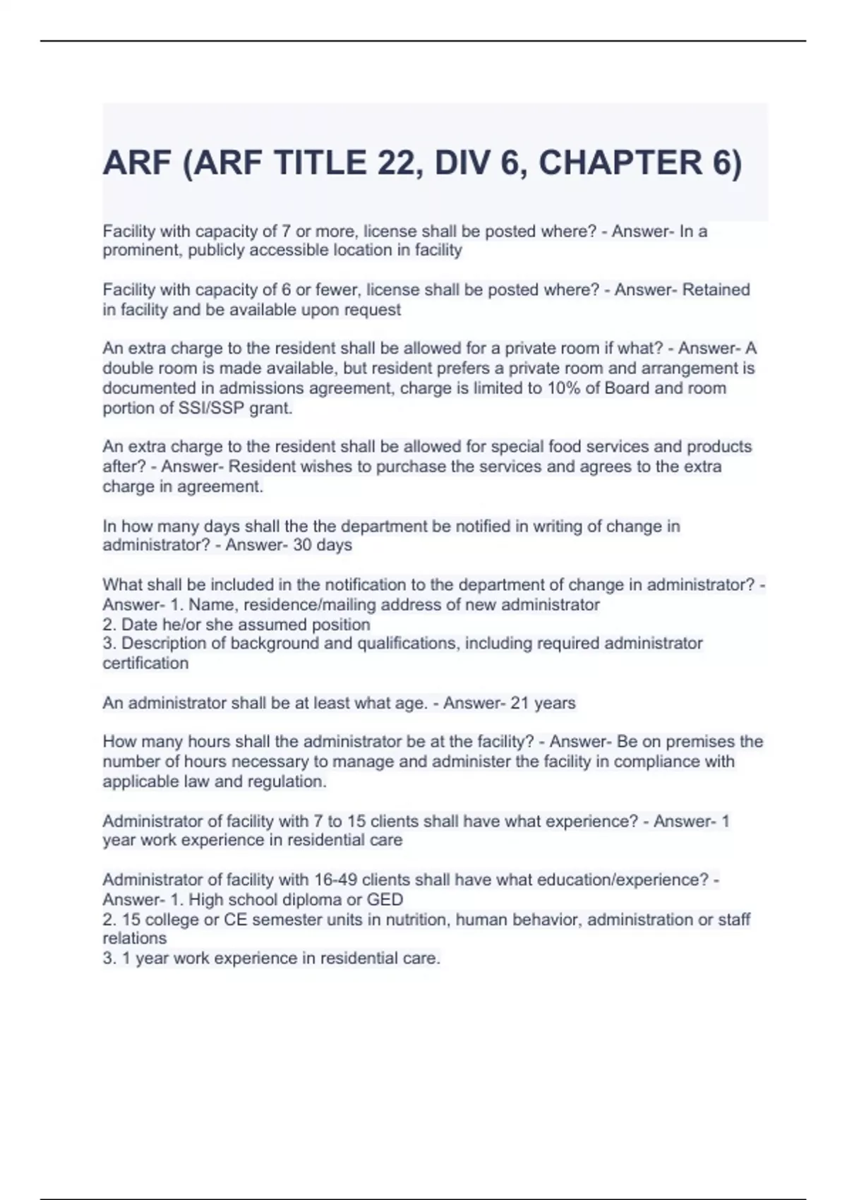 ARF (ARF TITLE 22, DIV 6, CHAPTER 6) EXAM QUESTIONS AND ANSWERS - ARF ...