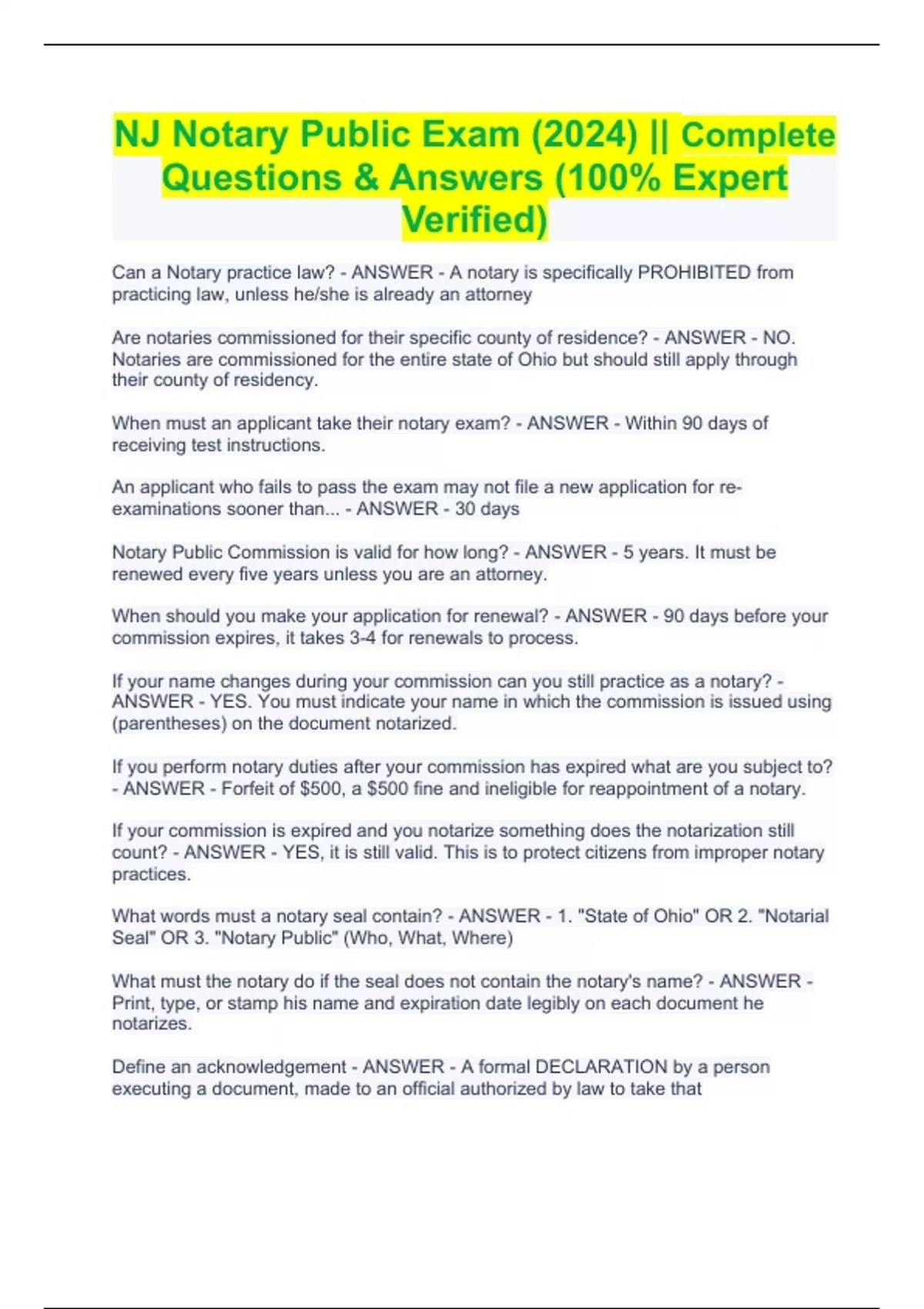 NJ Notary Public Exam (2024) || Complete Questions & Answers (100% ...
