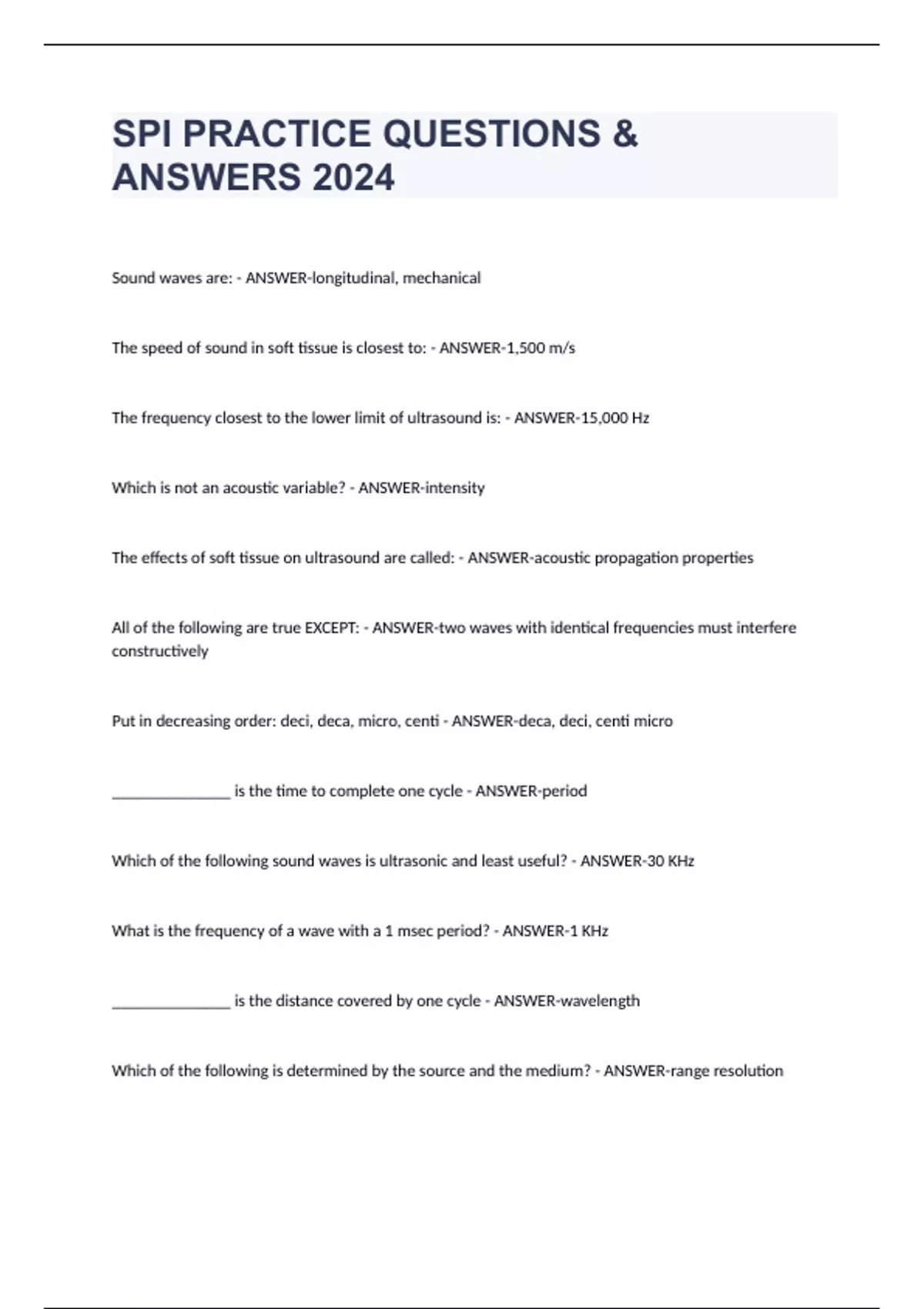 SPI PRACTICE QUESTIONS & ANSWERS 2024 - SPI - Stuvia US