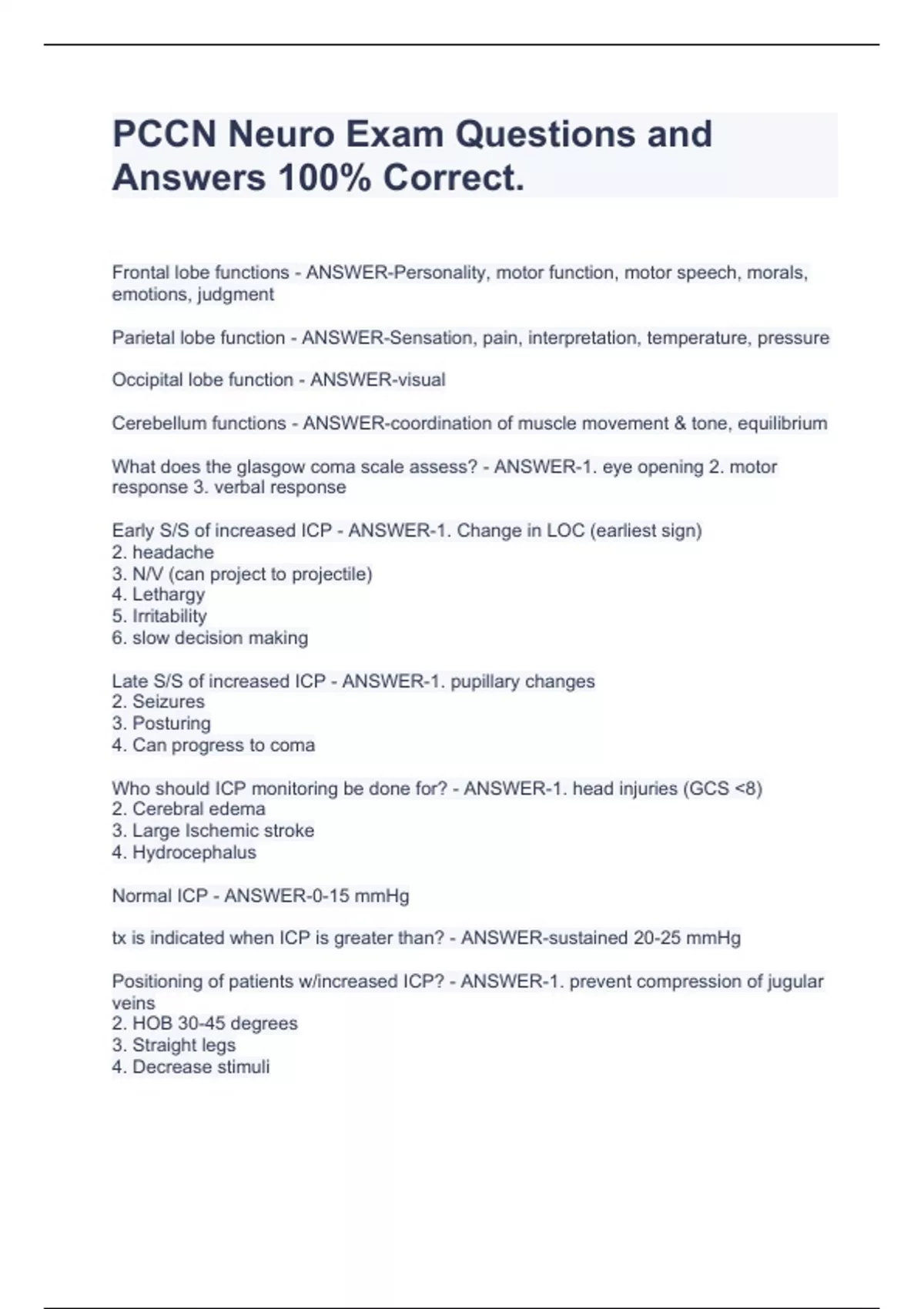 PCCN Neuro Exam Questions and Answers 100% Correct. - PCCN Neuro ...