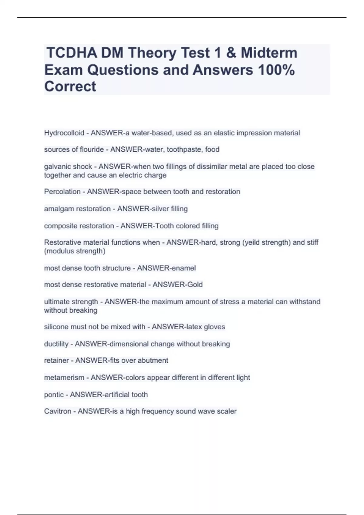 TCDHA DM Theory Test 1 & Midterm Exam Questions and Answers 100% ...
