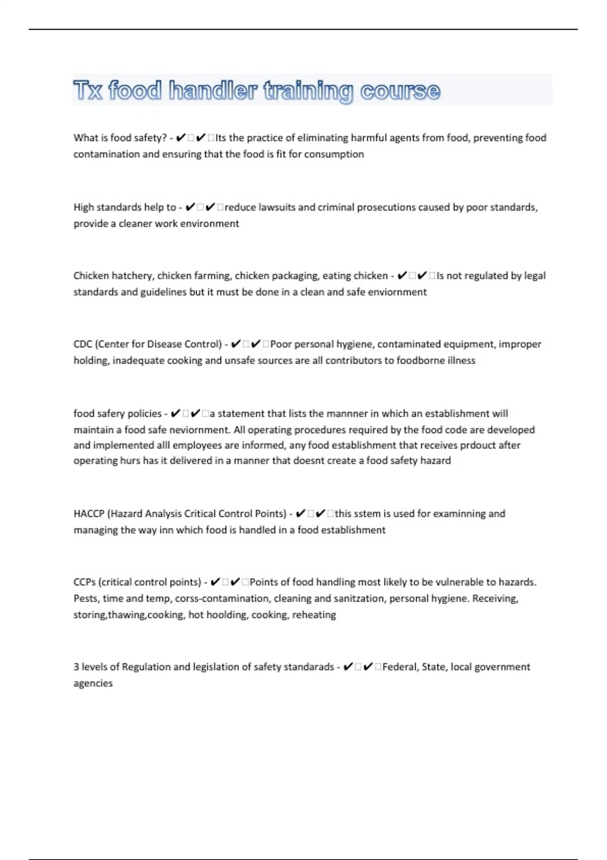 Texas food handler training course 62 Questions with 100% Correct ...