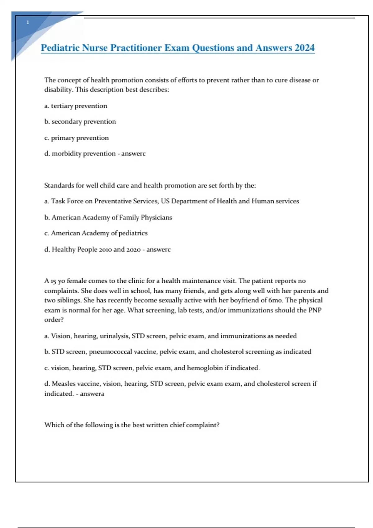 Pediatric Nurse Practitioner Exam Questions and Answers 2024 ...