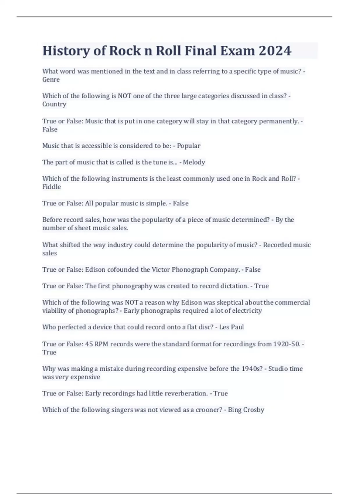 History of Rock n Roll Final Exam 2024 - History of Rock n Roll - Stuvia US