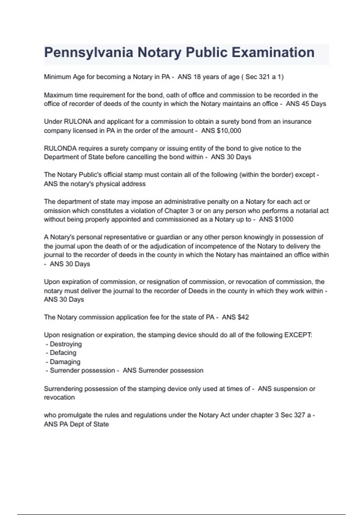 Pennsylvania Notary Public Examination Questions with completed Answers ...