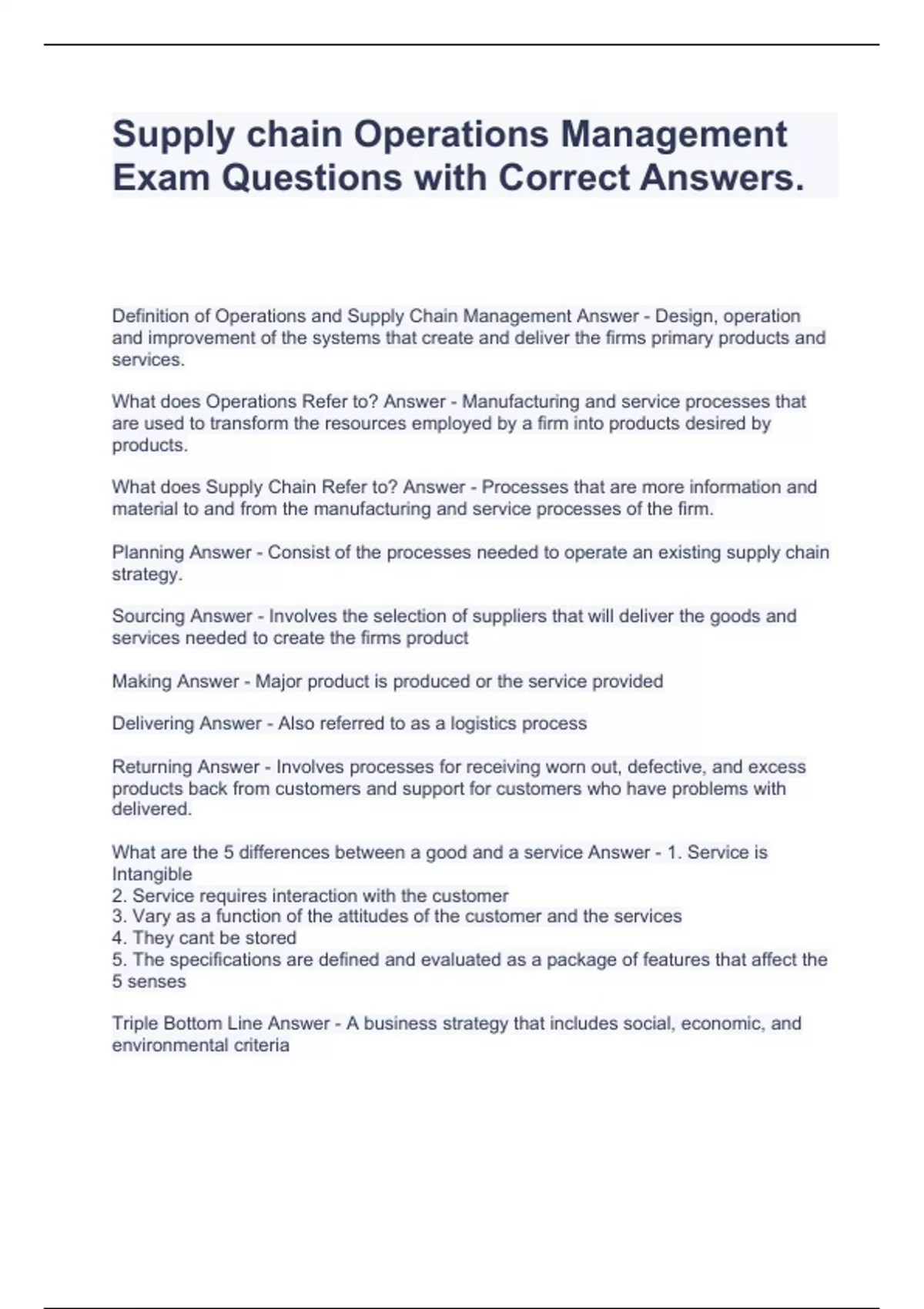 Supply chain Operations Management Exam Questions with Correct Answers ...