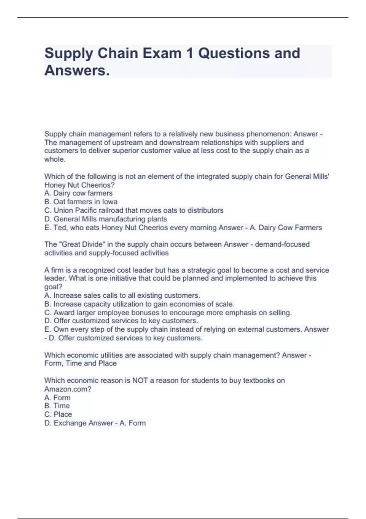 Supply Chain Exam 1 Questions and Answers - OPERATIONS AND SUPPLY CHAIN ...