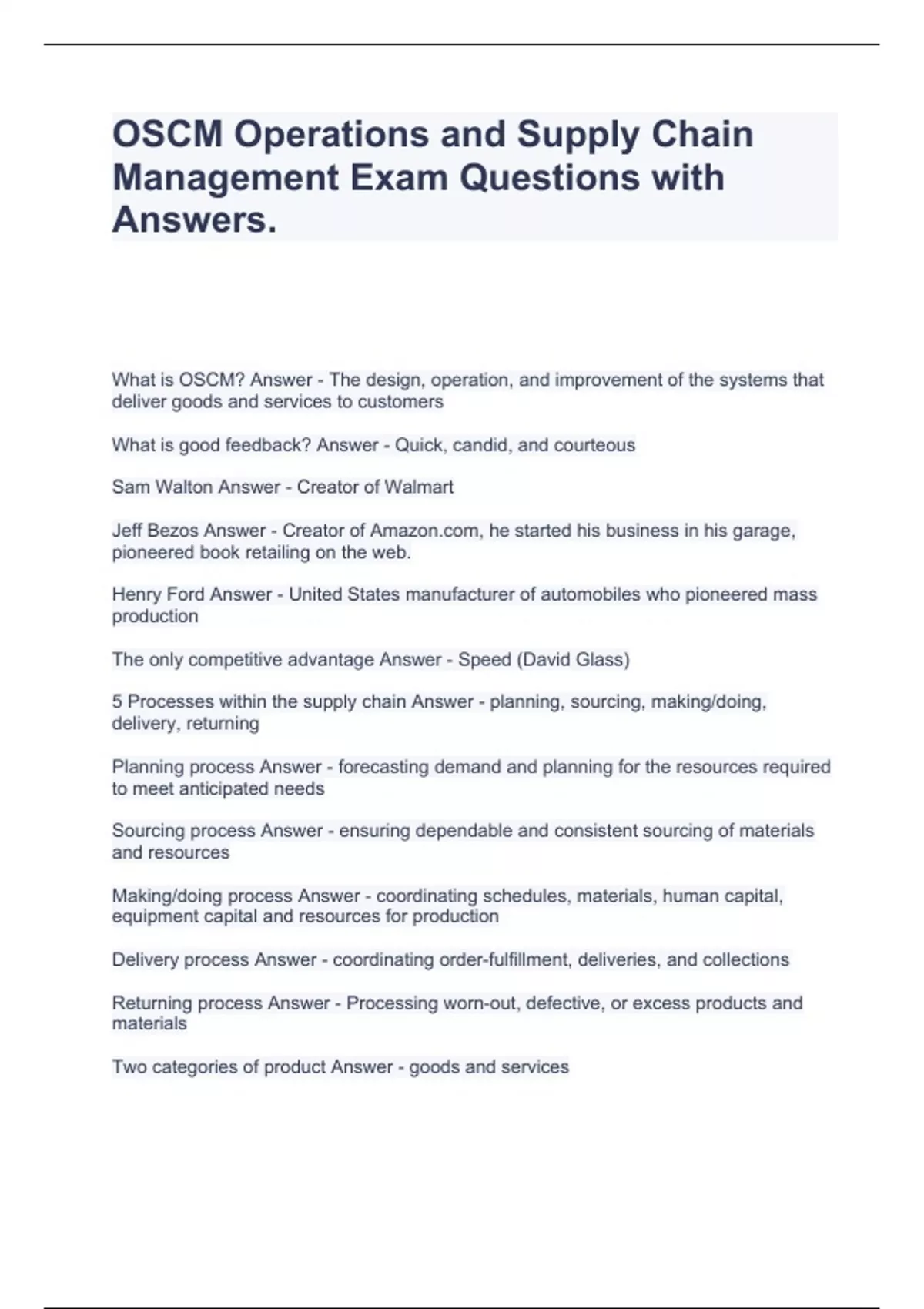 OSCM Operations and Supply Chain Management Exam Questions with Answers - OPERATIONS AND SUPPLY ...