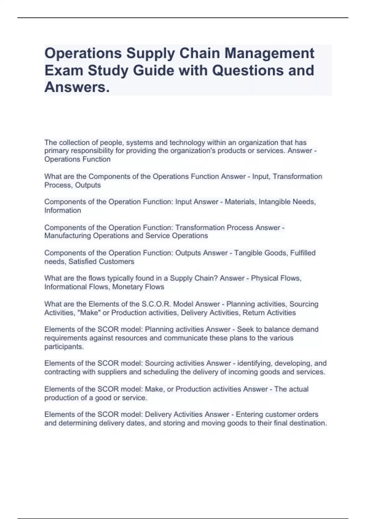 Operations Supply Chain Management Exam Study Guide with Questions and ...