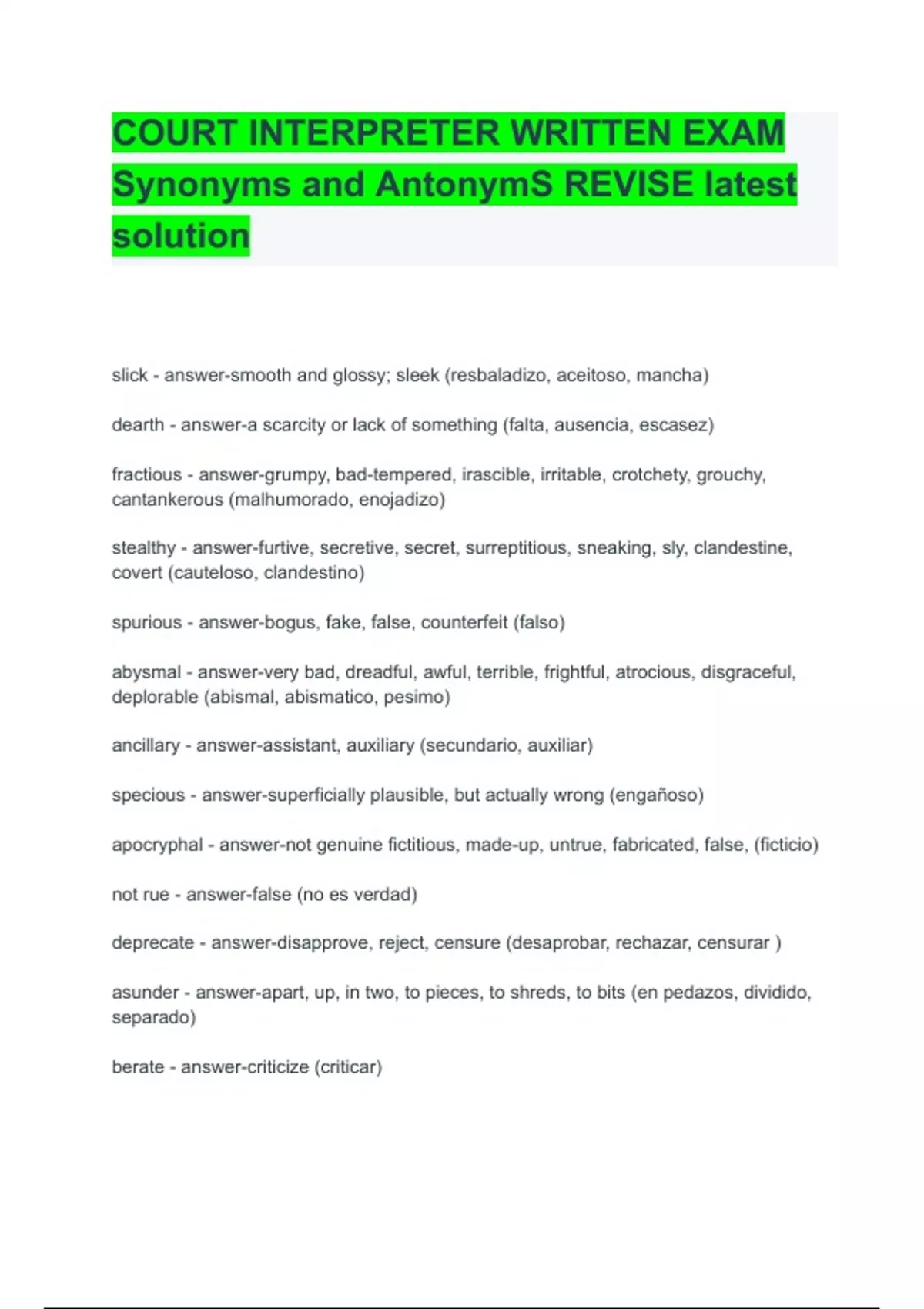 COURT INTERPRETER WRITTEN EXAM Synonyms and AntonymS REVISE latest ...
