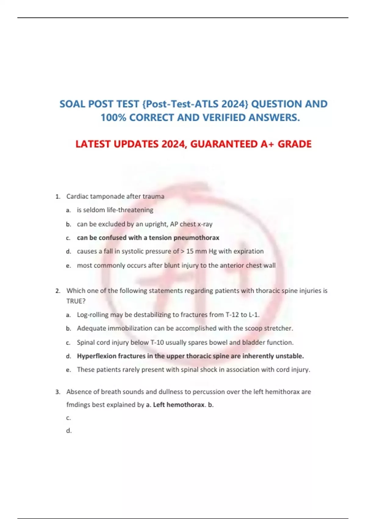 SOAL POST TEST {Post-Test-ATLS 2024} QUESTION AND 100% CORRECT AND ...