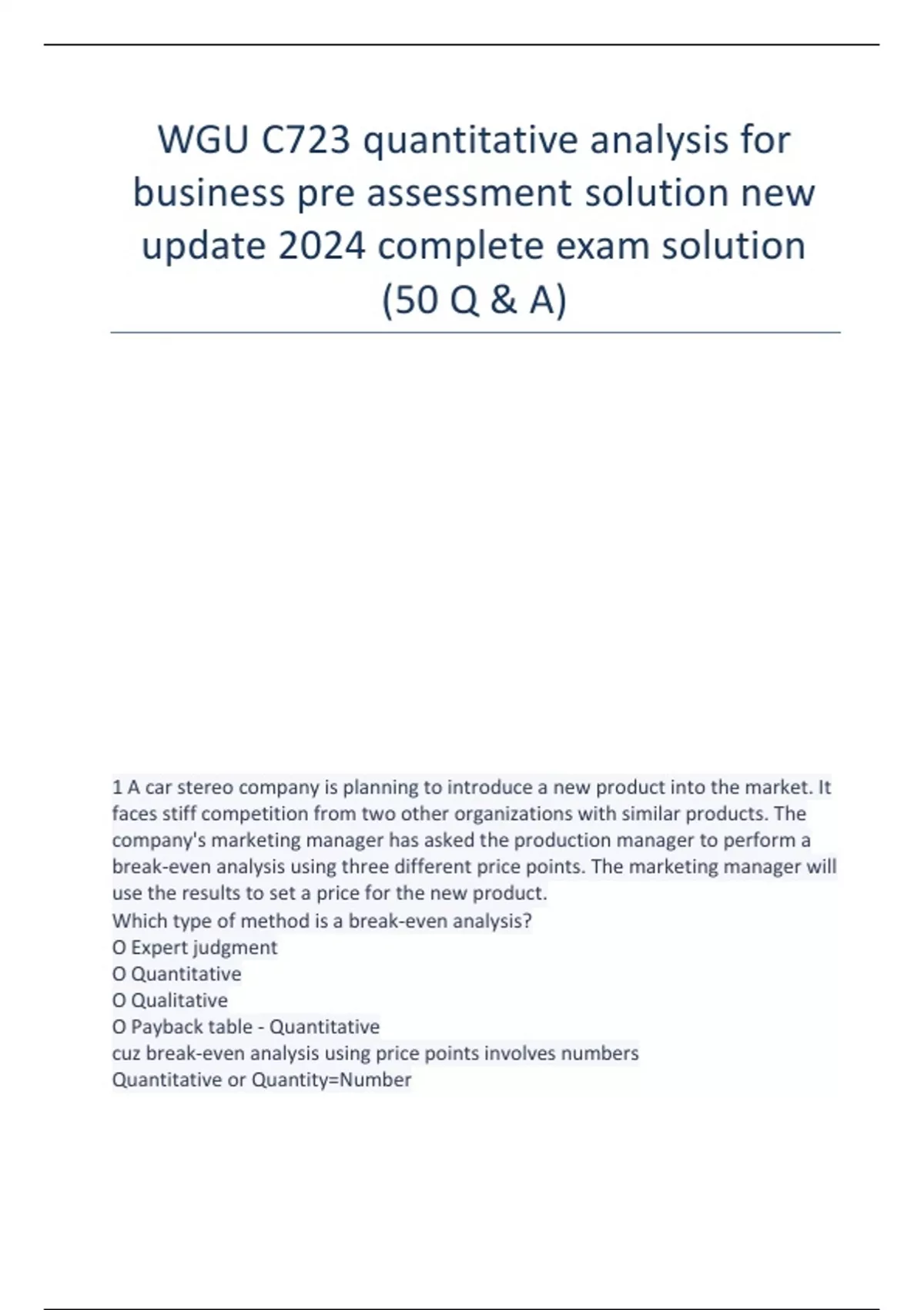 WGU C723 quantitative analysis for business pre assessment solution new ...