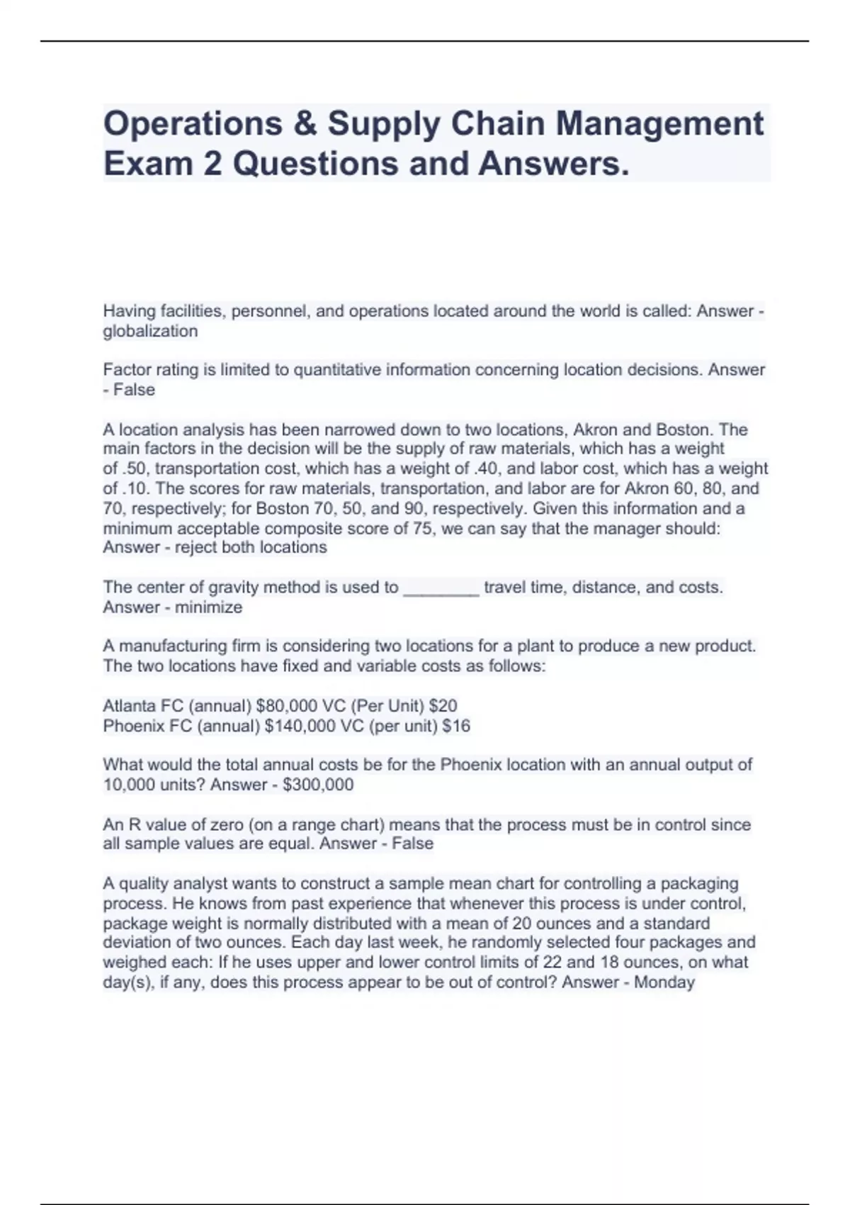 Operations & Supply Chain Management Exam 2 Questions and Answers ...