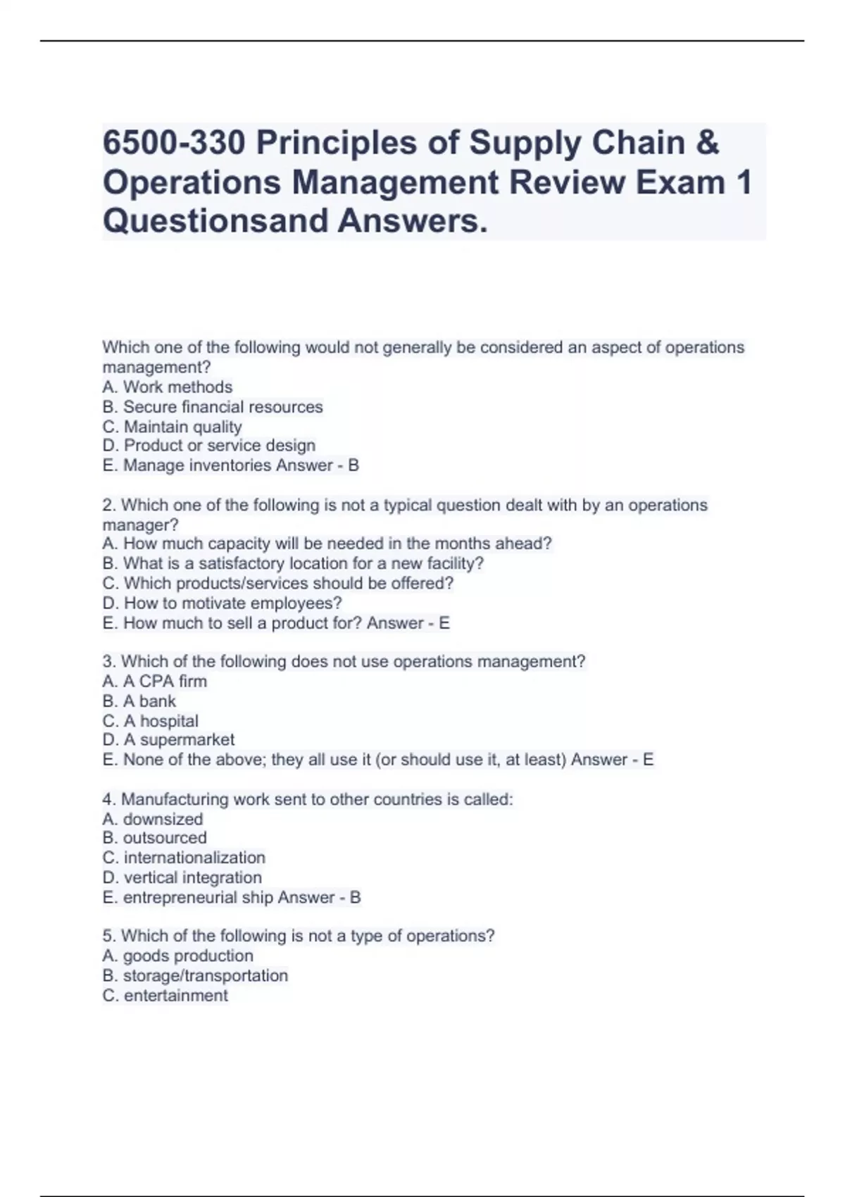 6500-330 Principles of Supply Chain & Operations Management Review Exam ...