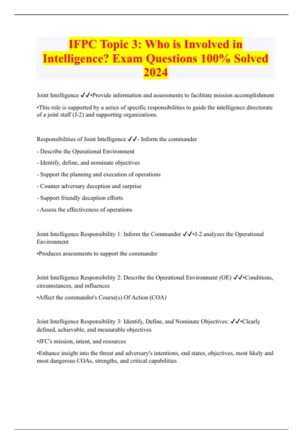 IFPC Topic 3: Who is Involved in Intelligence? Exam Questions 100% Solved 2024 - IFPC - Stuvia US