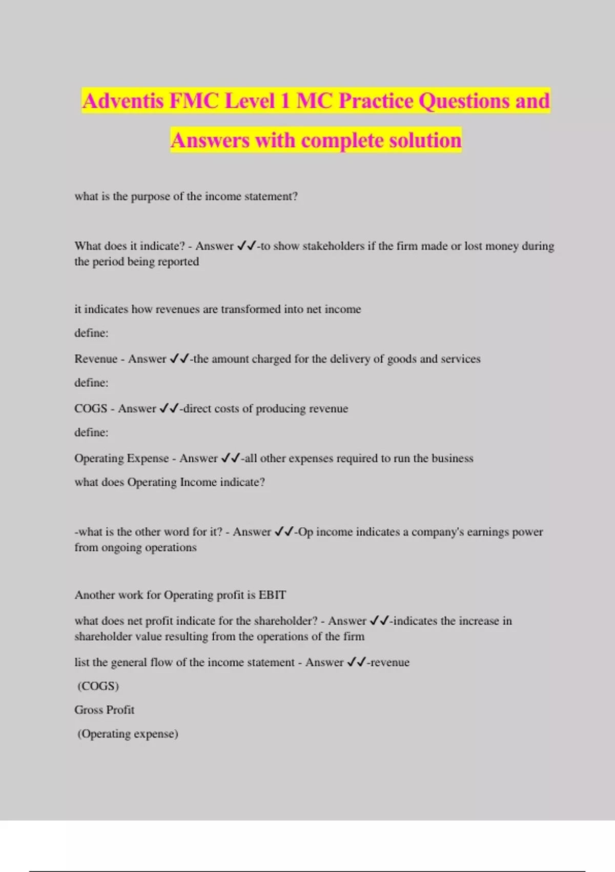 Adventis FMC Level 1 MC Practice Questions and Answers with complete ...