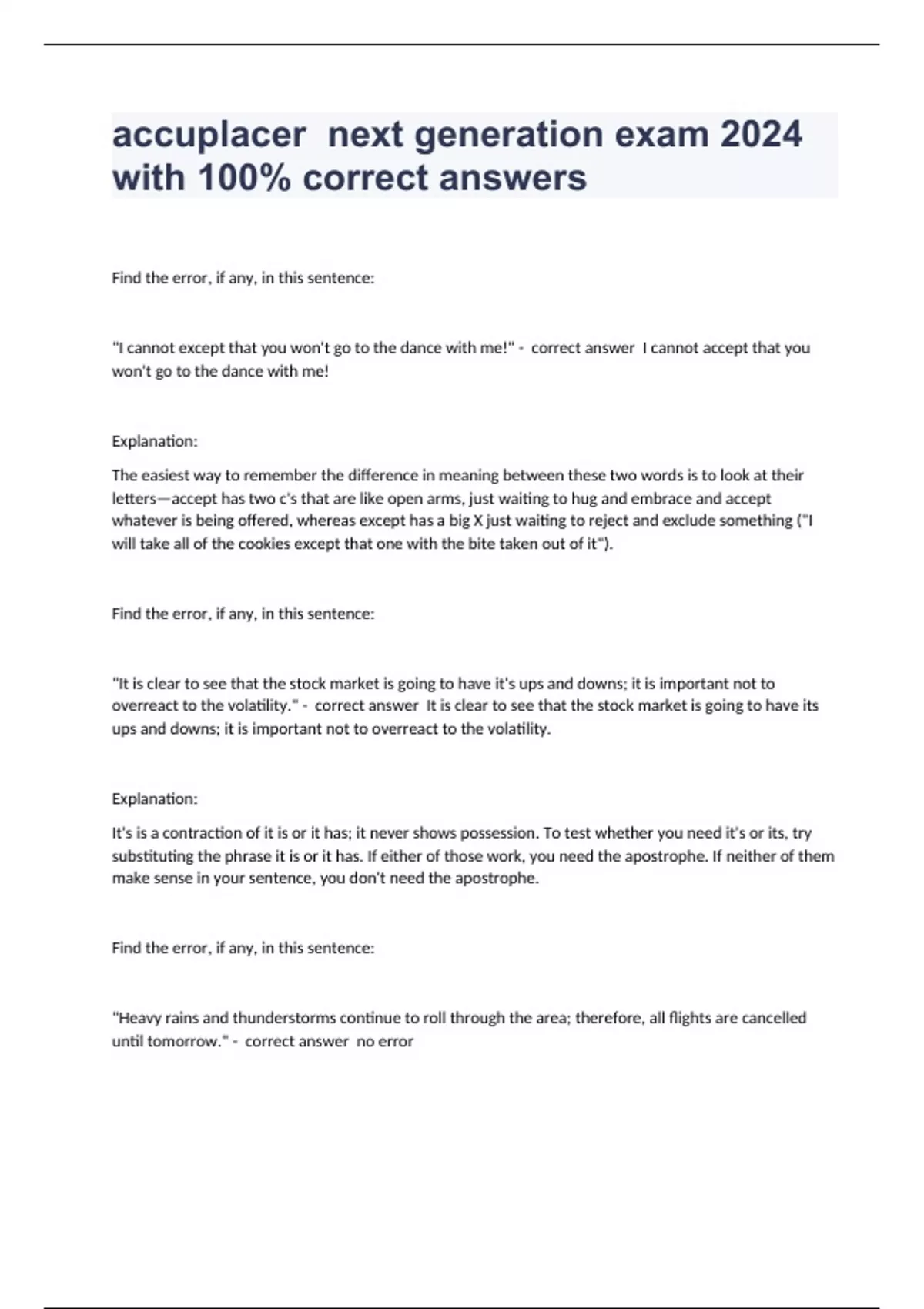 Accuplacer Next Generation Exam 2024 With 100 Correct Answers Accuplacer Stuvia Us