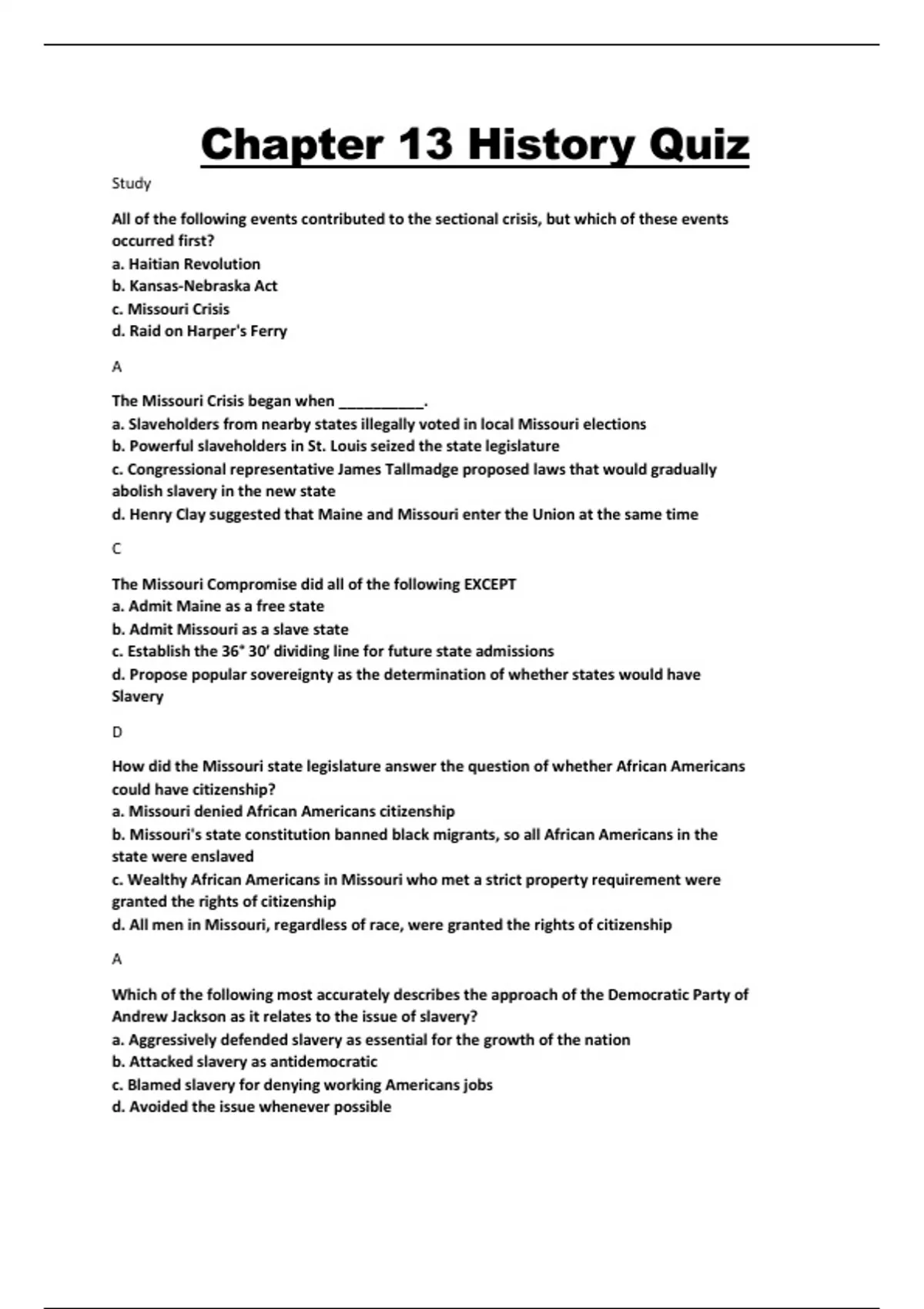 Chapter 13 History Quiz with Answers 2024 - Chapter 13 History - Stuvia US