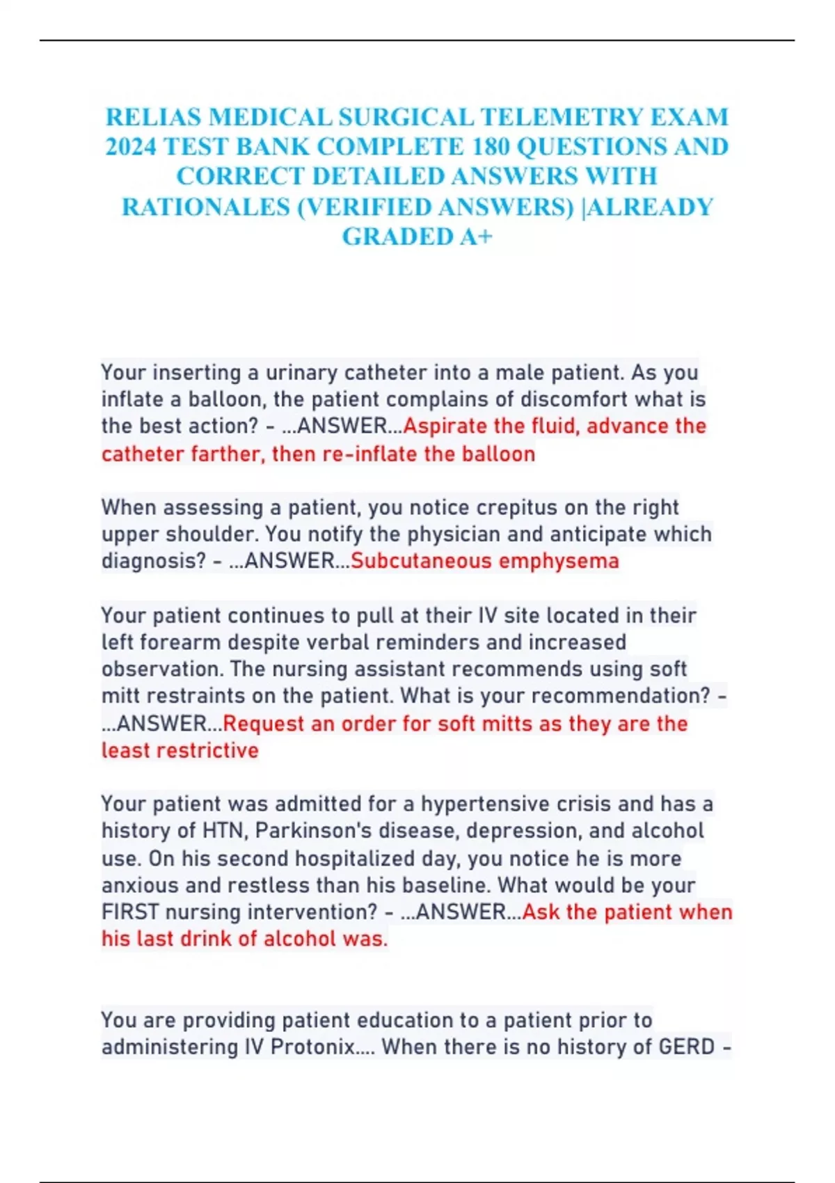 RELIAS MEDICAL SURGICAL TELEMETRY EXAM 2024 TEST BANK COMPLETE 180 ...