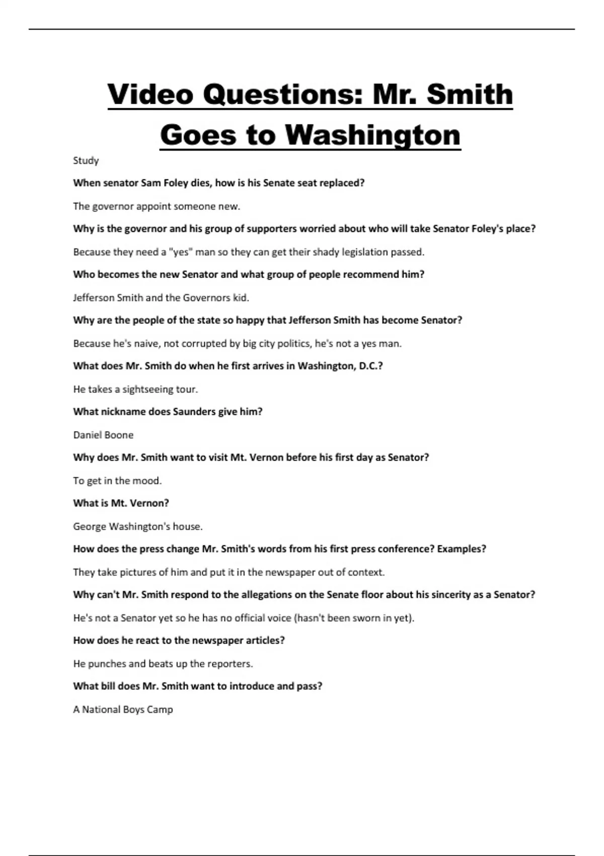 Video Questions: Mr. Smith Goes to Washington 2024 - Video: Mr. Smith ...