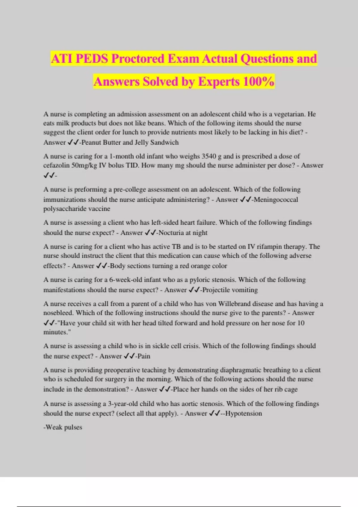 Peds ATI Bundled Exams Questions and Answers | 100% Verified and ...