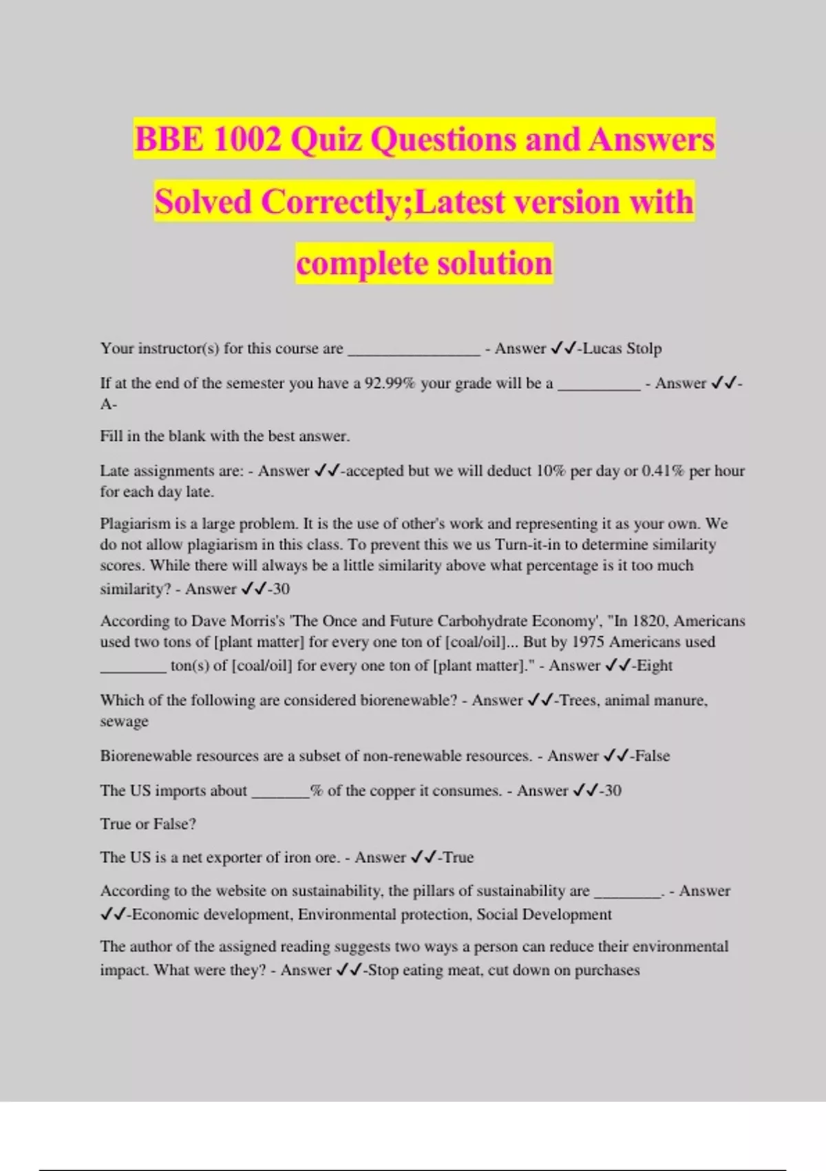 BBE 1002 Quiz Questions and Answers Solved Correctly;Latest version ...