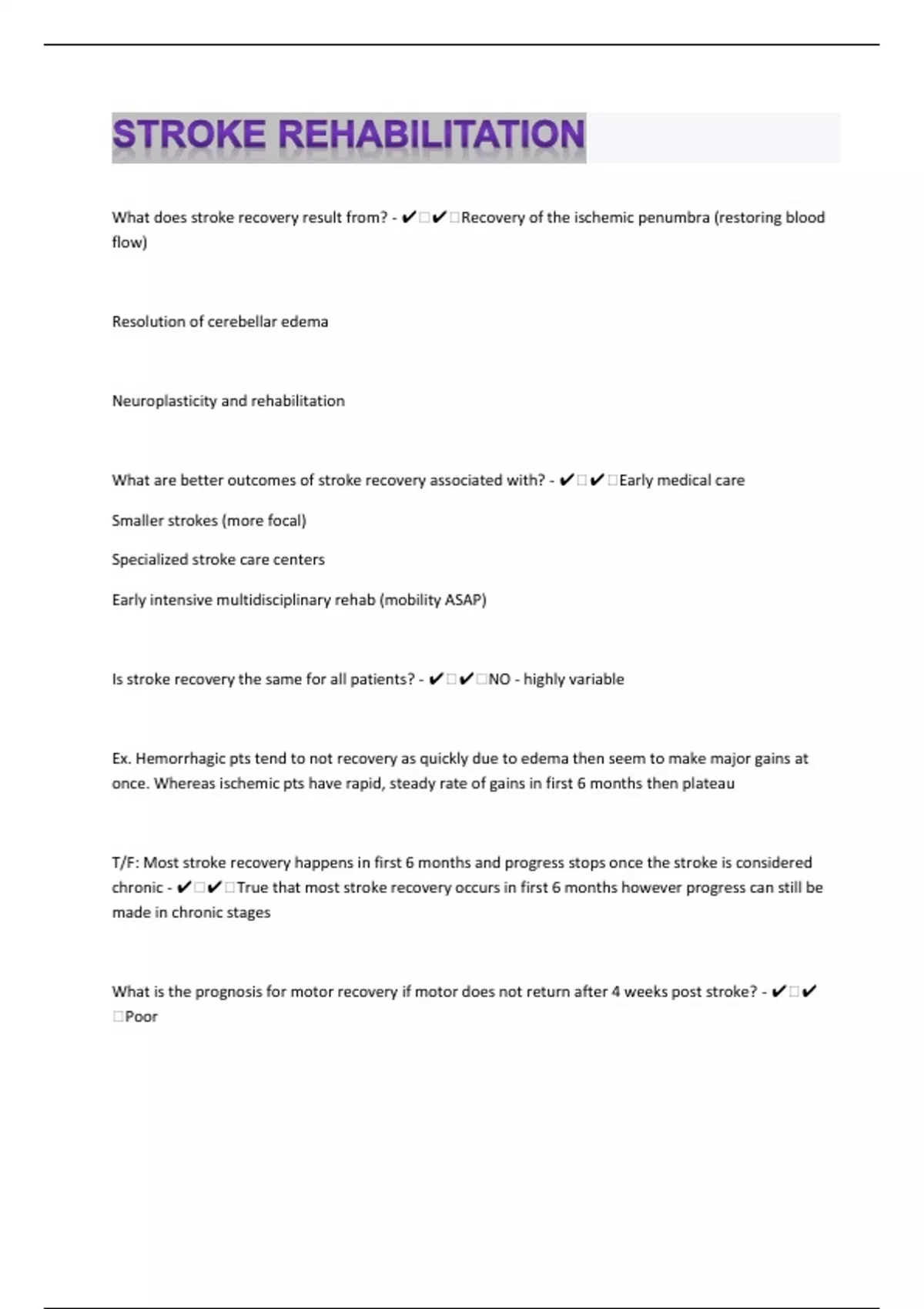 Stroke Rehabilitation 101 Questions with 100% Correct Answers | Verified | Updated 2024 ...