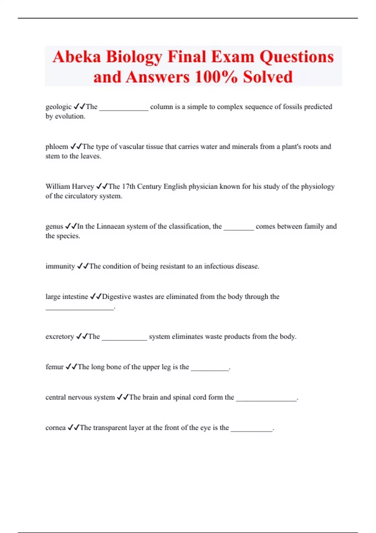 Abeka Biology Final Exam Questions and Answers 100% Solved - Abeka ...