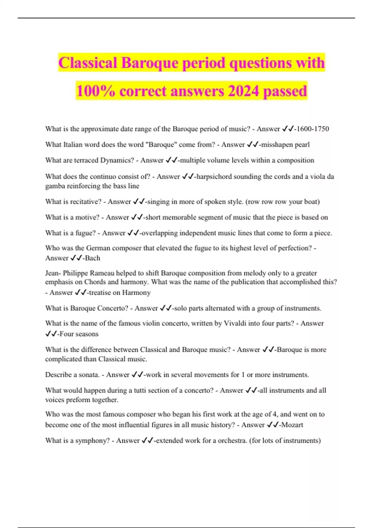Classical Baroque period questions with 100% correct answers 2024 ...