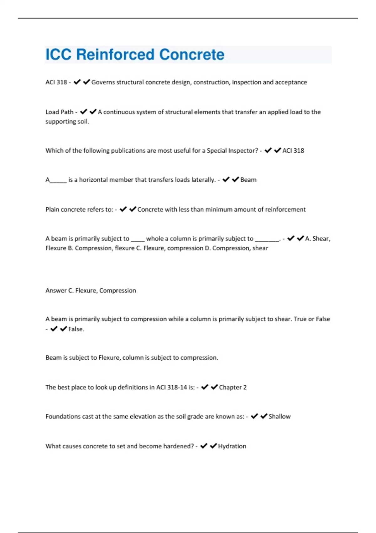 ICC Reinforced Concrete Questions and Answers(A+ Solution guide) - ICC ...