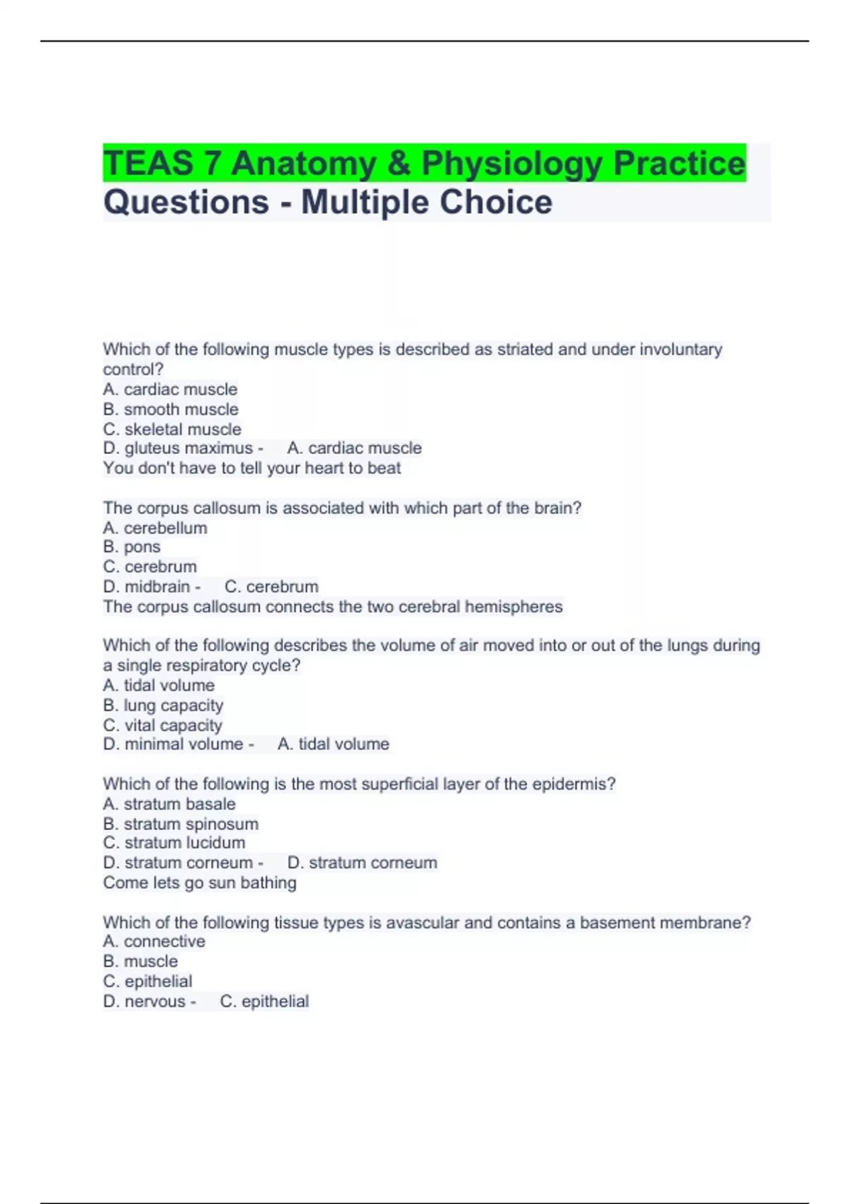 TEAS 7 Anatomy & Physiology Practice Questions - Multiple Choice - ATI ...