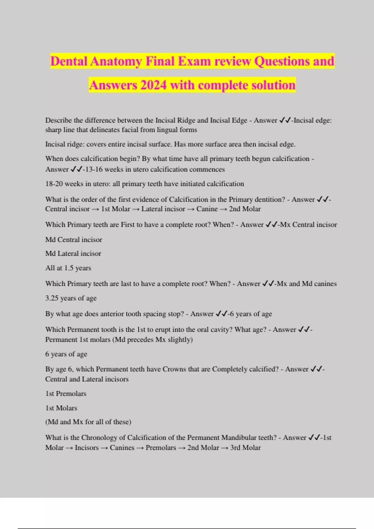 Dental Anatomy Final Exam review Questions and Answers 2024 with ...